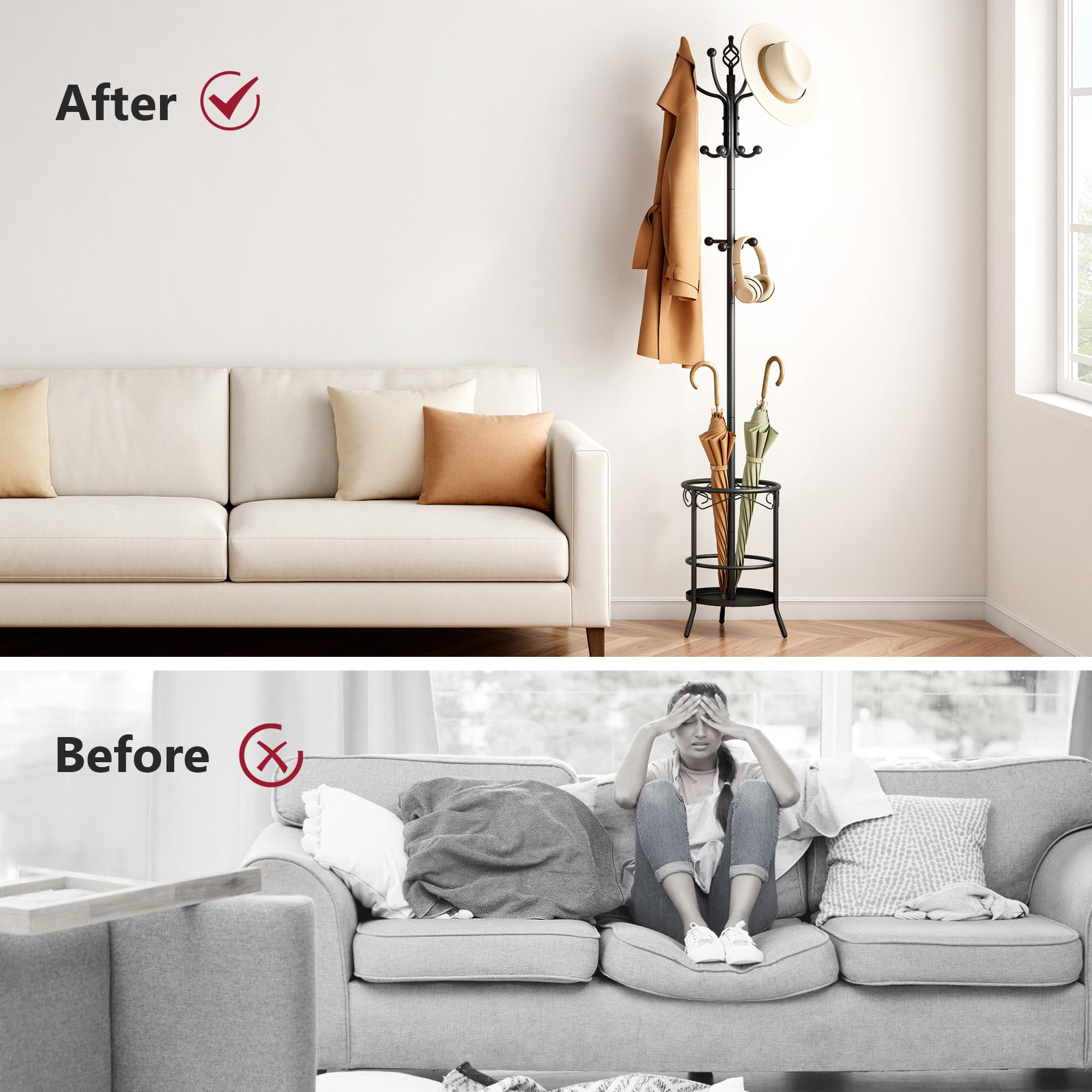 Tajsoon Coat Rack Stand with Umbrella Holder, Entryway Coat Hanger with 12 Hooks, for Living Room, Bedroom, Office