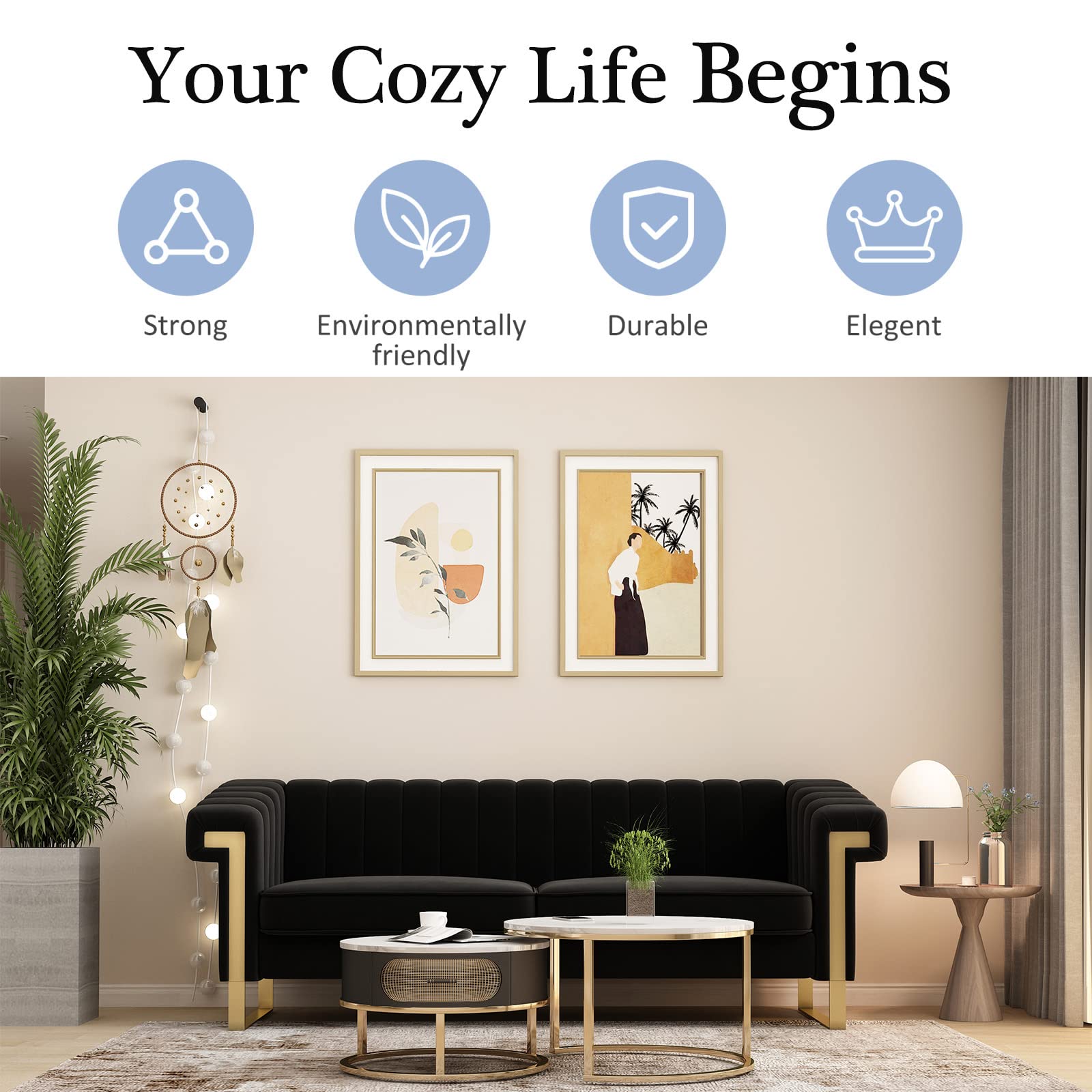 RUNOLIG Chesterfield Sofa, Upholstered Blue Velvet Couch with Flared Arms and Removable Cushions, Comfy Couch with Wood Frame and Gold Legs, Modern Couches for Living Room, Apartment, Office