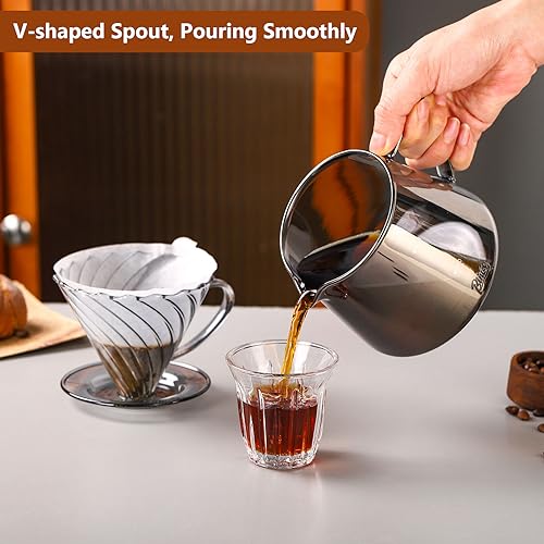 Bincoo Glass Coffee Server Set 600ml- Glass Pour Over Coffee Maker Set with Dripper, V60 Coffee Pot with 50 Count Paper Filter for Home and Office (Dark Gray)