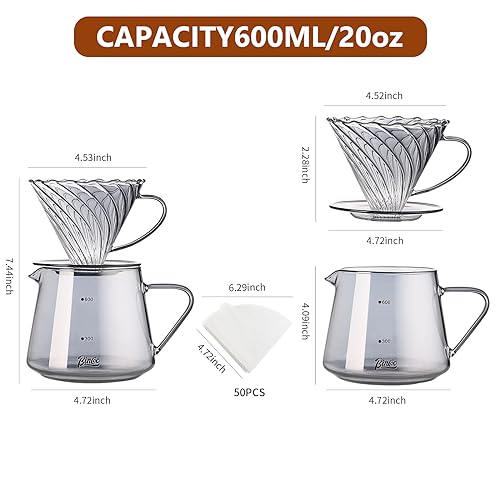 Bincoo Glass Coffee Server Set 600ml- Glass Pour Over Coffee Maker Set with Dripper, V60 Coffee Pot with 50 Count Paper Filter for Home and Office (Dark Gray)