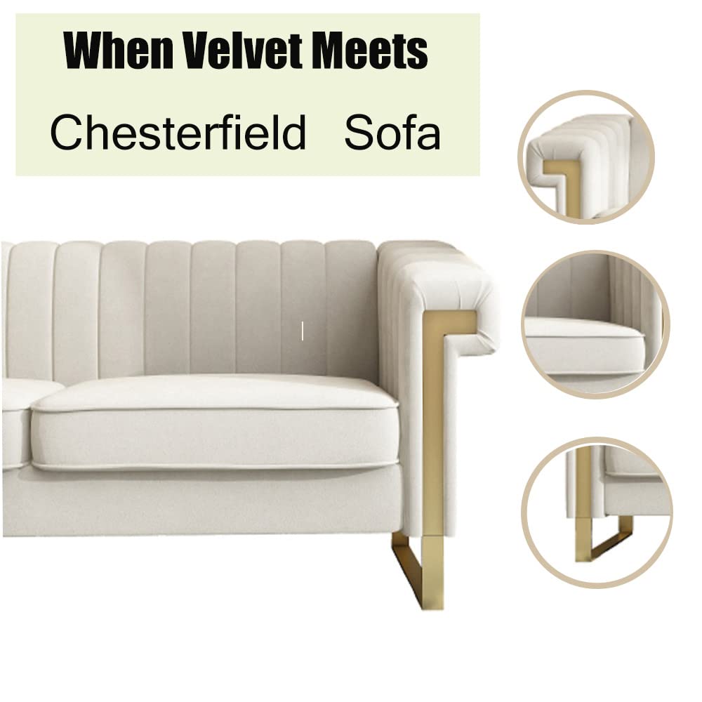 RUNOLIG Chesterfield Sofa, Upholstered Blue Velvet Couch with Flared Arms and Removable Cushions, Comfy Couch with Wood Frame and Gold Legs, Modern Couches for Living Room, Apartment, Office