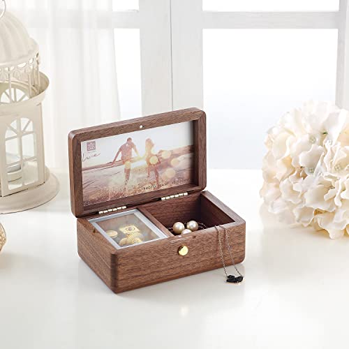 JJYmusic Natural Solid Wood Wind-up Music Box Long Photo Frame Jewelry Musical Box Great Gift for Birthday Christmas(Walnut; Tune: You Are My Sunshine)