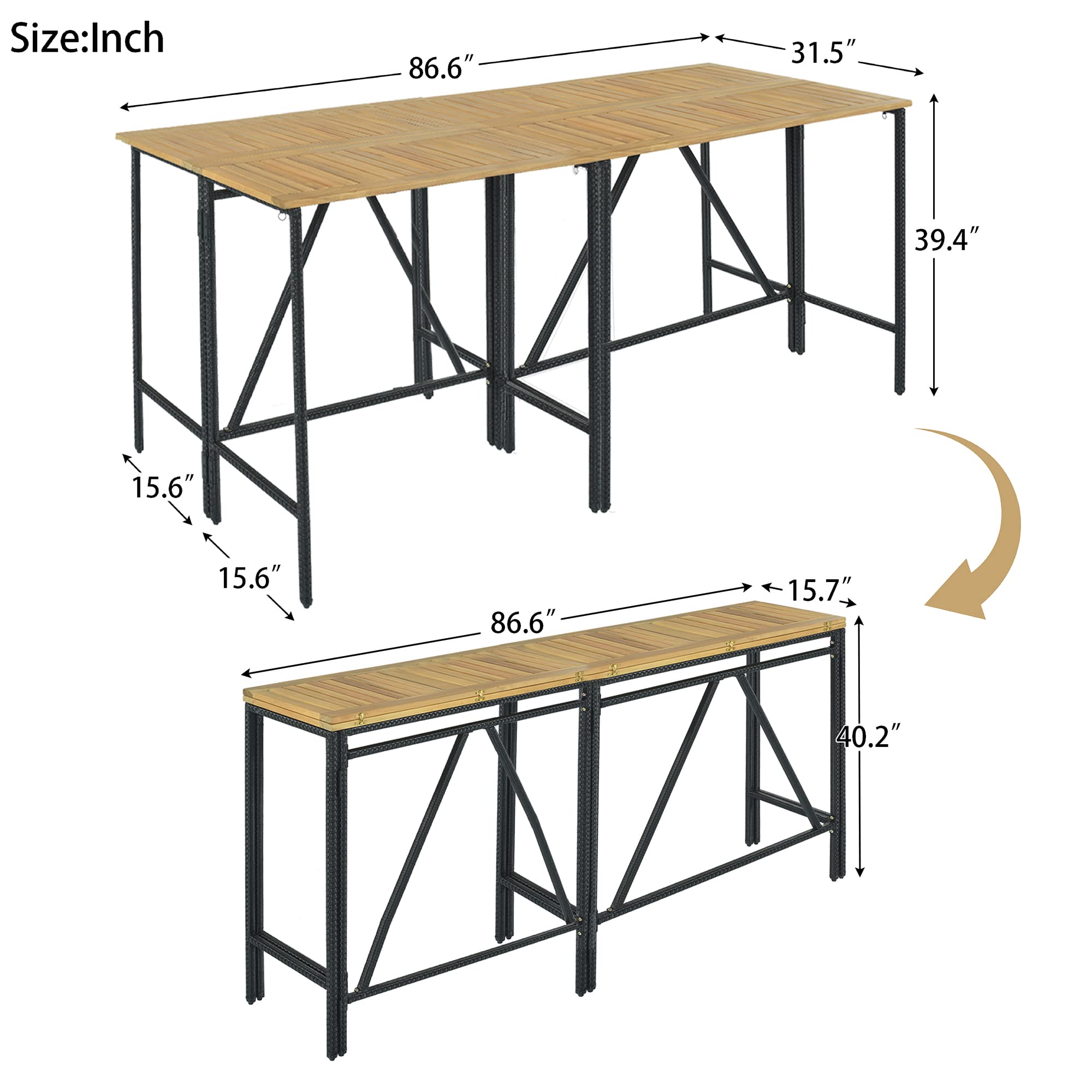 EMKK 10-Piece Outdoor Patio Bar, Garden PE Rattan Wicker Dining, Square, Foldable Acacia Tabletop, High-Dinner Bistro Set with 8 Stools and 2 Tables, H-Brown
