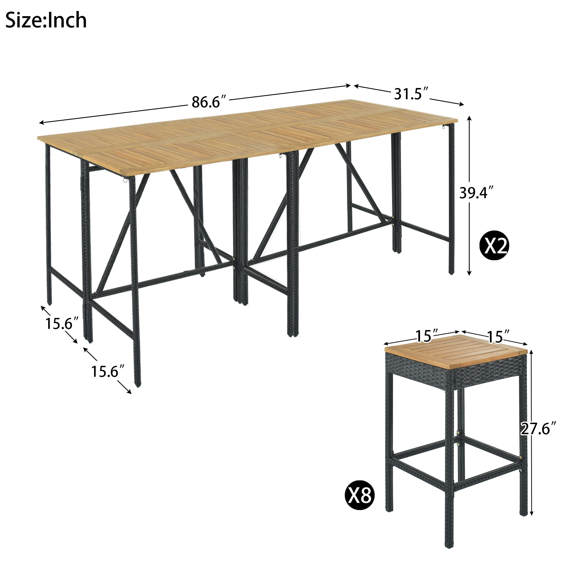 EMKK 10-Piece Outdoor Patio Bar, Garden PE Rattan Wicker Dining, Square, Foldable Acacia Tabletop, High-Dinner Bistro Set with 8 Stools and 2 Tables, H-Brown