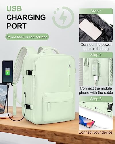 Large Travel Laptop Backpack, Expandable Flight Approved Backpack, Carry on Backpack for Women, Waterproof 17inch Laptop Hiking Backpack with Shoe Compartment, Mint Green