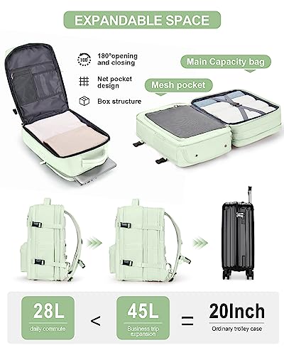 Large Travel Laptop Backpack, Expandable Flight Approved Backpack, Carry on Backpack for Women, Waterproof 17inch Laptop Hiking Backpack with Shoe Compartment, Mint Green