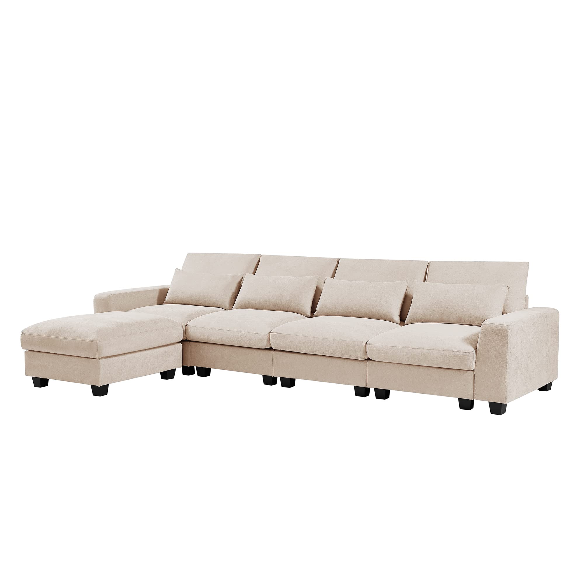 JULYFOX Feather Down Sectional Couch Beige, 130 in Wide L Sectional Couch Sofa with Reversible Chaise Lumber Support Square Armrest Polyester Fabric Corner Couch for Living Room
