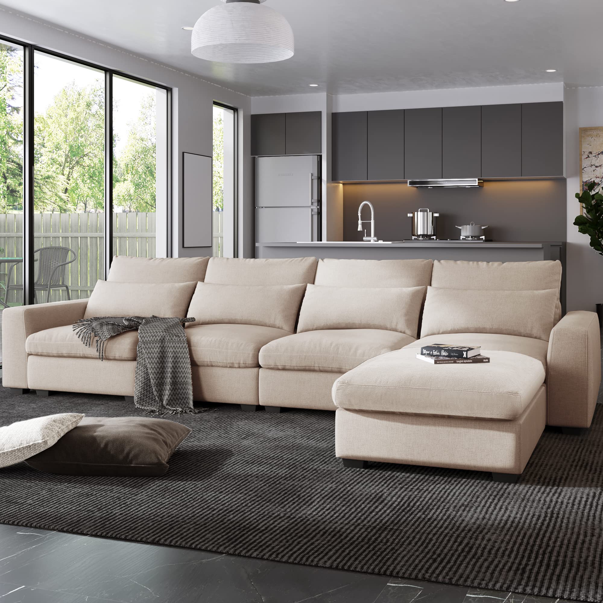 JULYFOX Feather Down Sectional Couch Beige, 130 in Wide L Sectional Couch Sofa with Reversible Chaise Lumber Support Square Armrest Polyester Fabric Corner Couch for Living Room