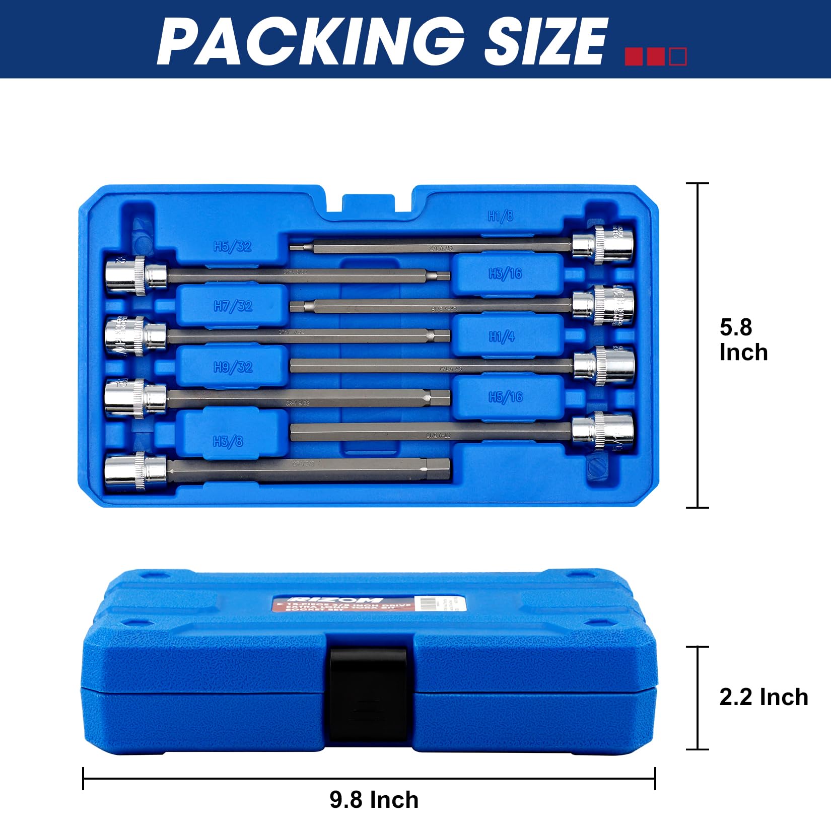 RIZOM 18-Piece 3/8 Inch Drive Extra Long Allen Hex Bit Socket Set, SAE & Metric (1/8-3/8 in., 3-10 mm), CR-V and S2 Steel
