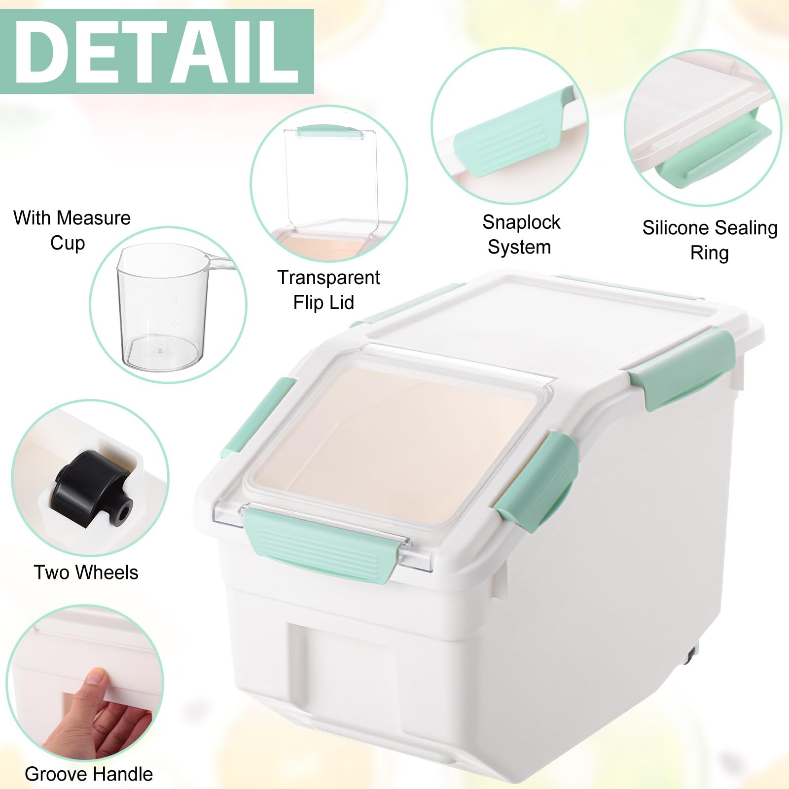 Purpeak 4 Pack Grain Rice Storage Bin Flour Storage Container 20 Lbs with Wheels Measuring Cup Airtight Lid Plastic Cereal Pet Food Storage Boxes for Dry Food Sugar Baking Cat Bird Dog Food (Green)