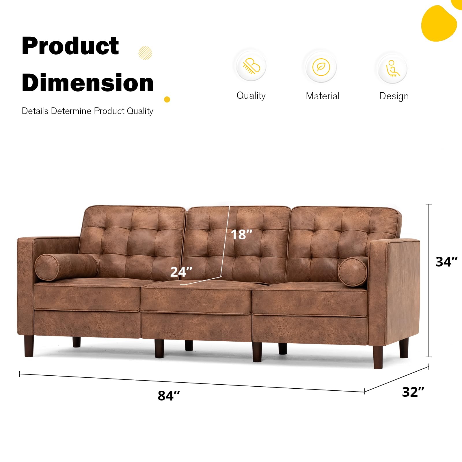 84" Faux Leather 3 Seater Sofa with 2 Bolster Pillows, Tufted Sofa with Wooden Legs, Mordern Couch for Living Room, Office, Apartment, Brown