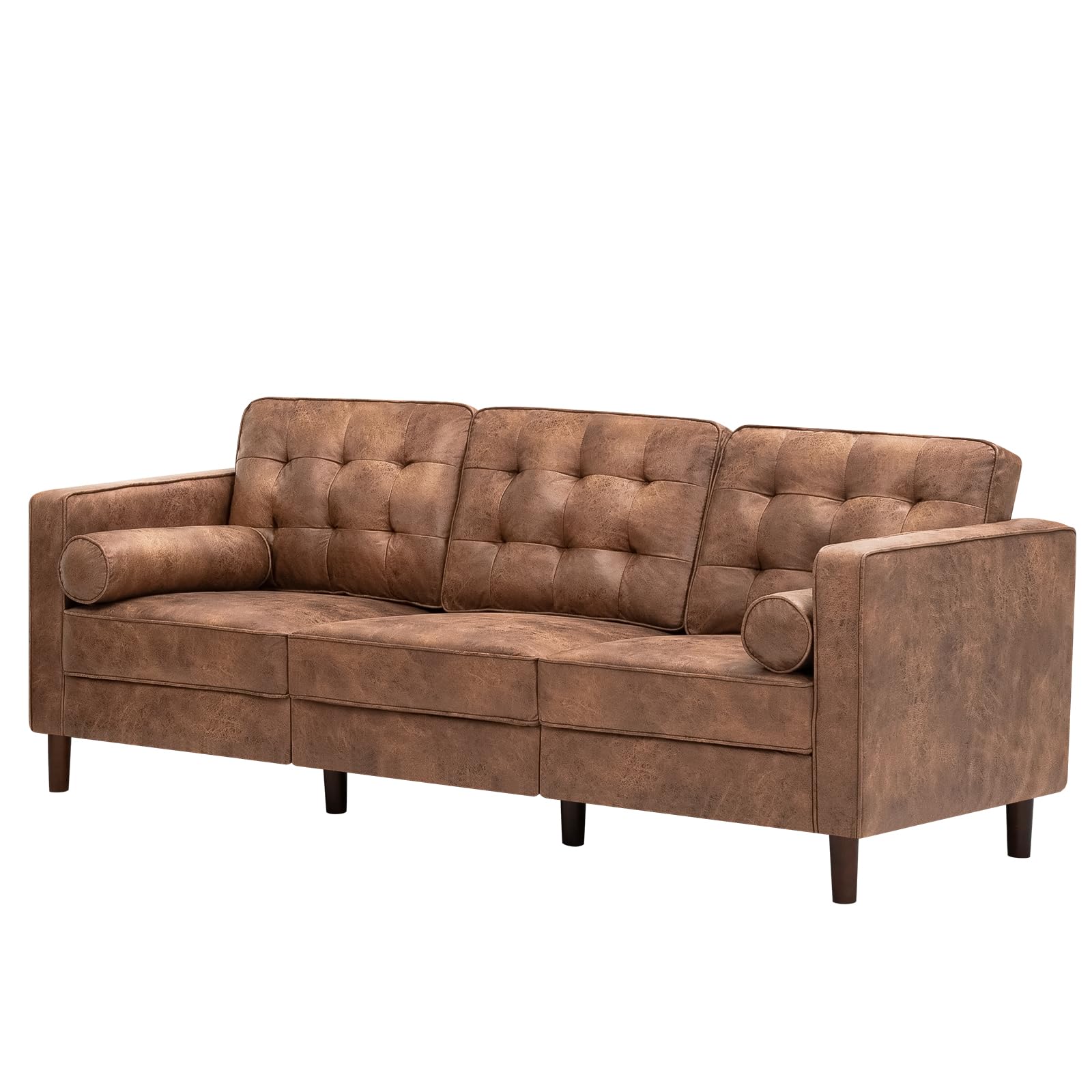 84" Faux Leather 3 Seater Sofa with 2 Bolster Pillows, Tufted Sofa with Wooden Legs, Mordern Couch for Living Room, Office, Apartment, Brown