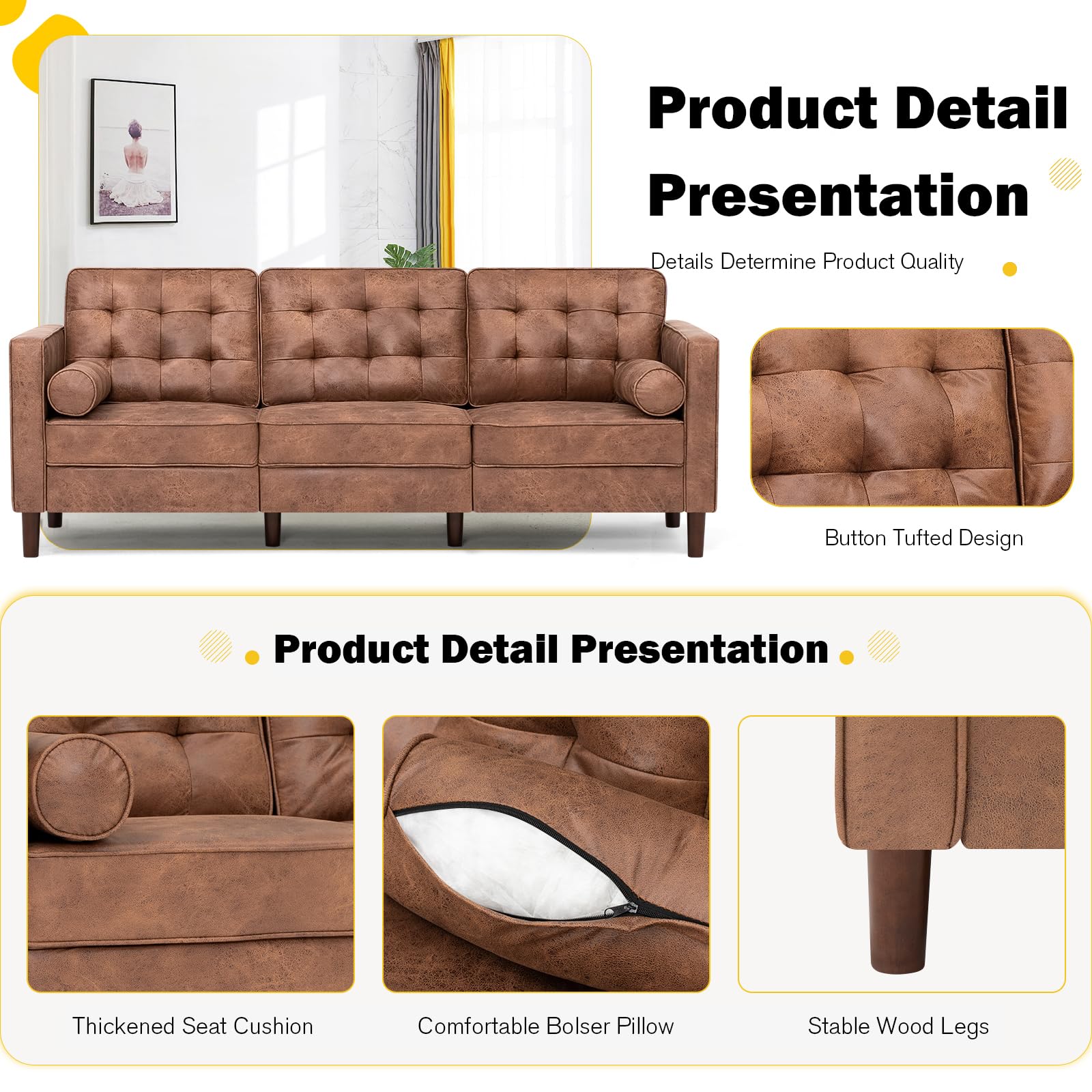 84" Faux Leather 3 Seater Sofa with 2 Bolster Pillows, Tufted Sofa with Wooden Legs, Mordern Couch for Living Room, Office, Apartment, Brown