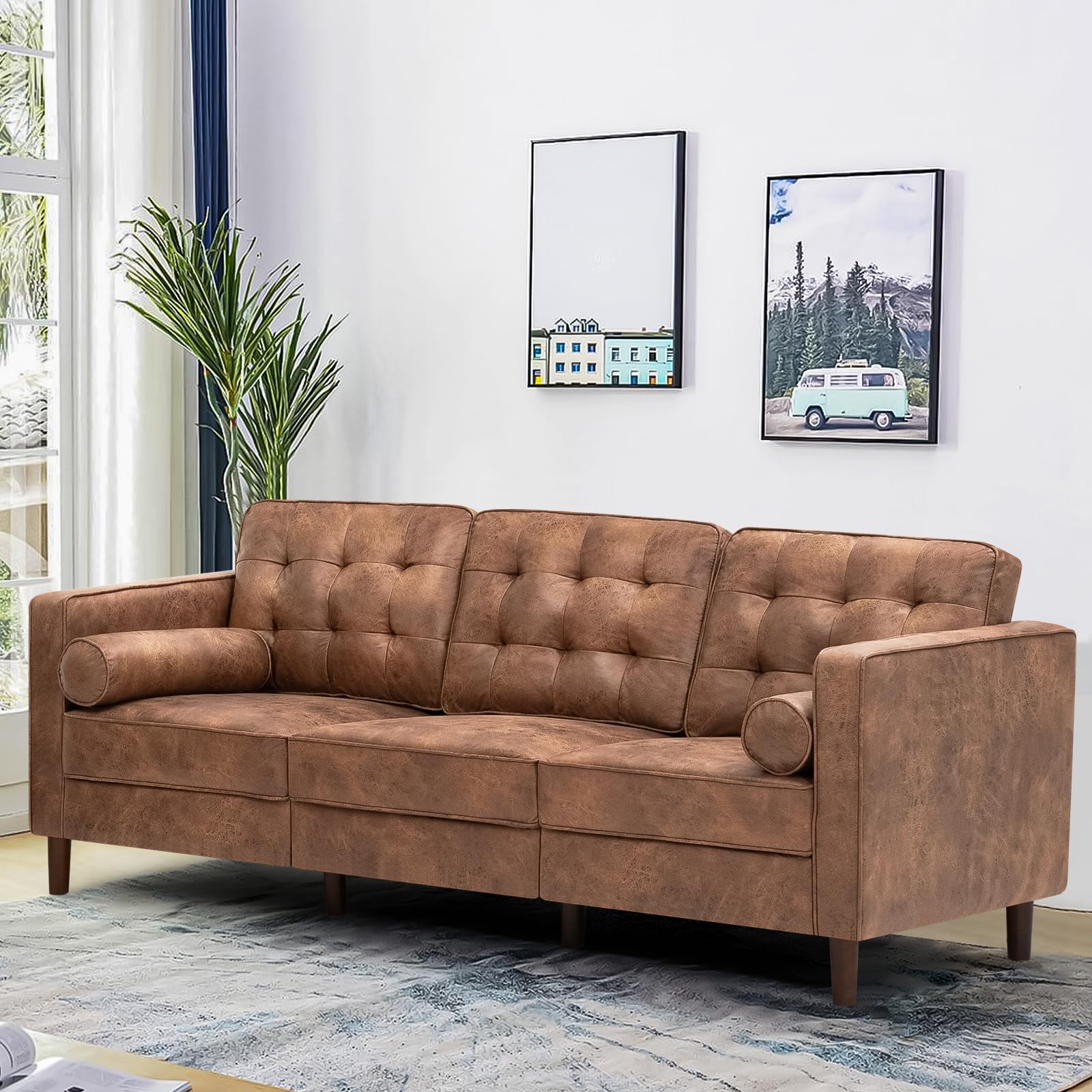 84" Faux Leather 3 Seater Sofa with 2 Bolster Pillows, Tufted Sofa with Wooden Legs, Mordern Couch for Living Room, Office, Apartment, Brown