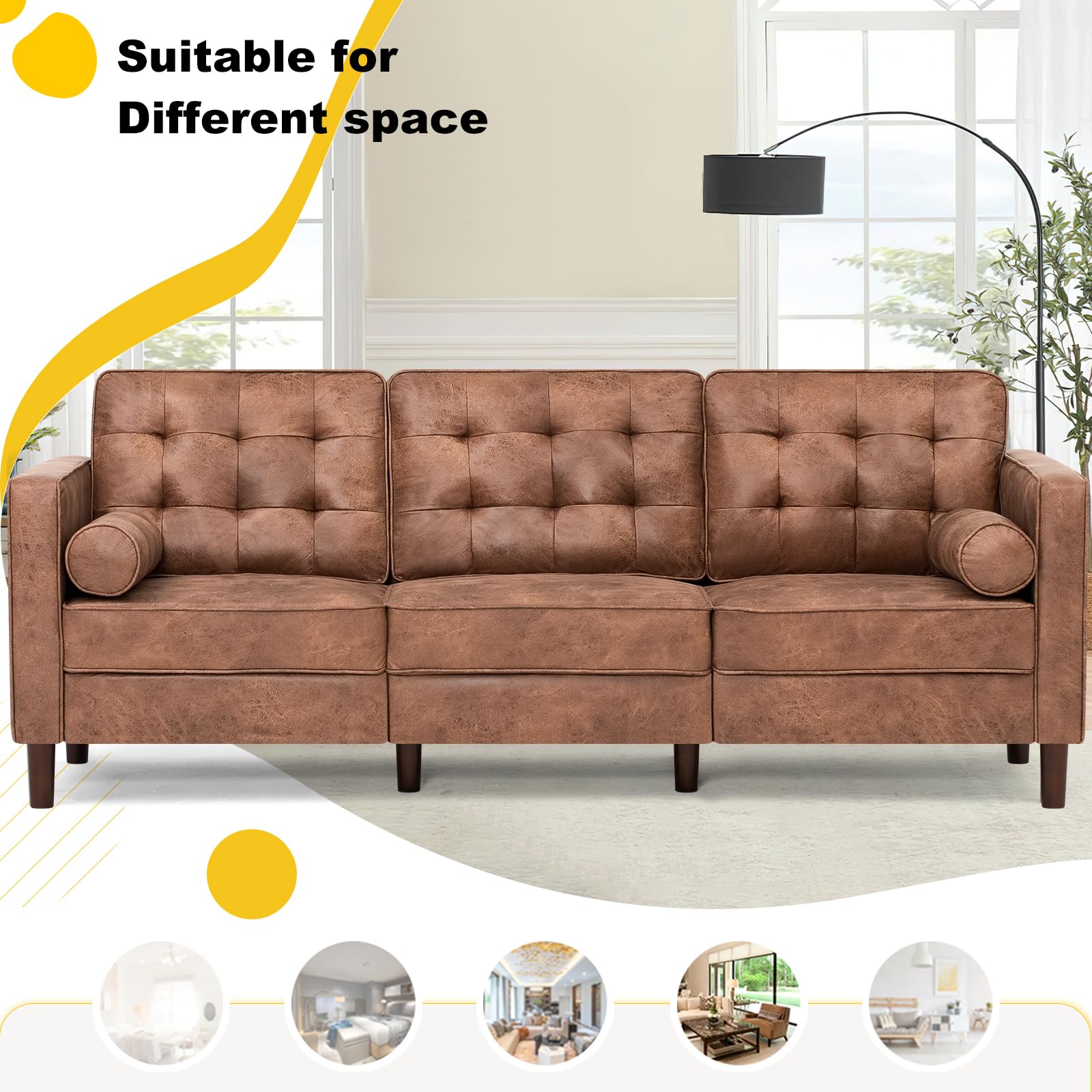 84" Faux Leather 3 Seater Sofa with 2 Bolster Pillows, Tufted Sofa with Wooden Legs, Mordern Couch for Living Room, Office, Apartment, Brown