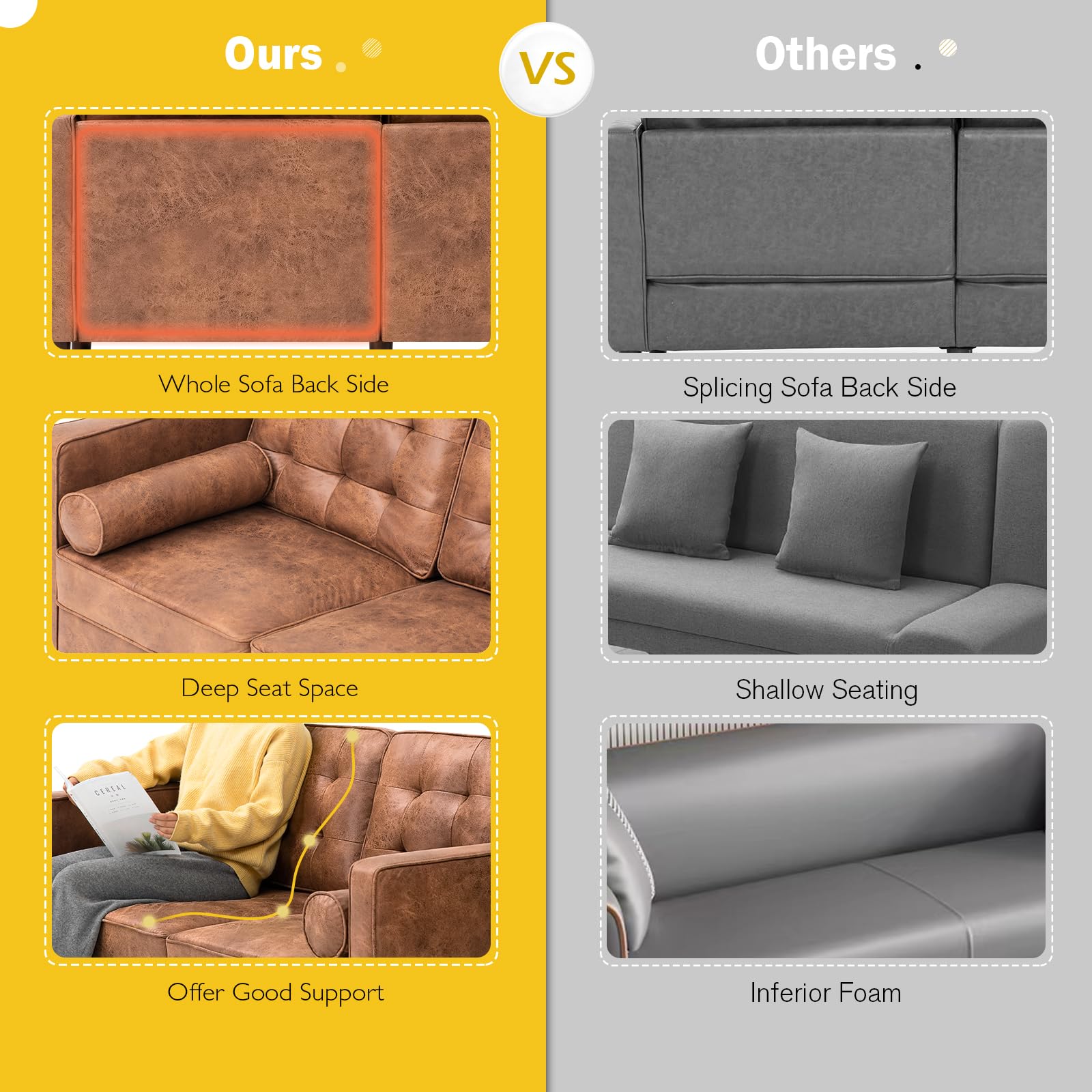 84" Faux Leather 3 Seater Sofa with 2 Bolster Pillows, Tufted Sofa with Wooden Legs, Mordern Couch for Living Room, Office, Apartment, Brown