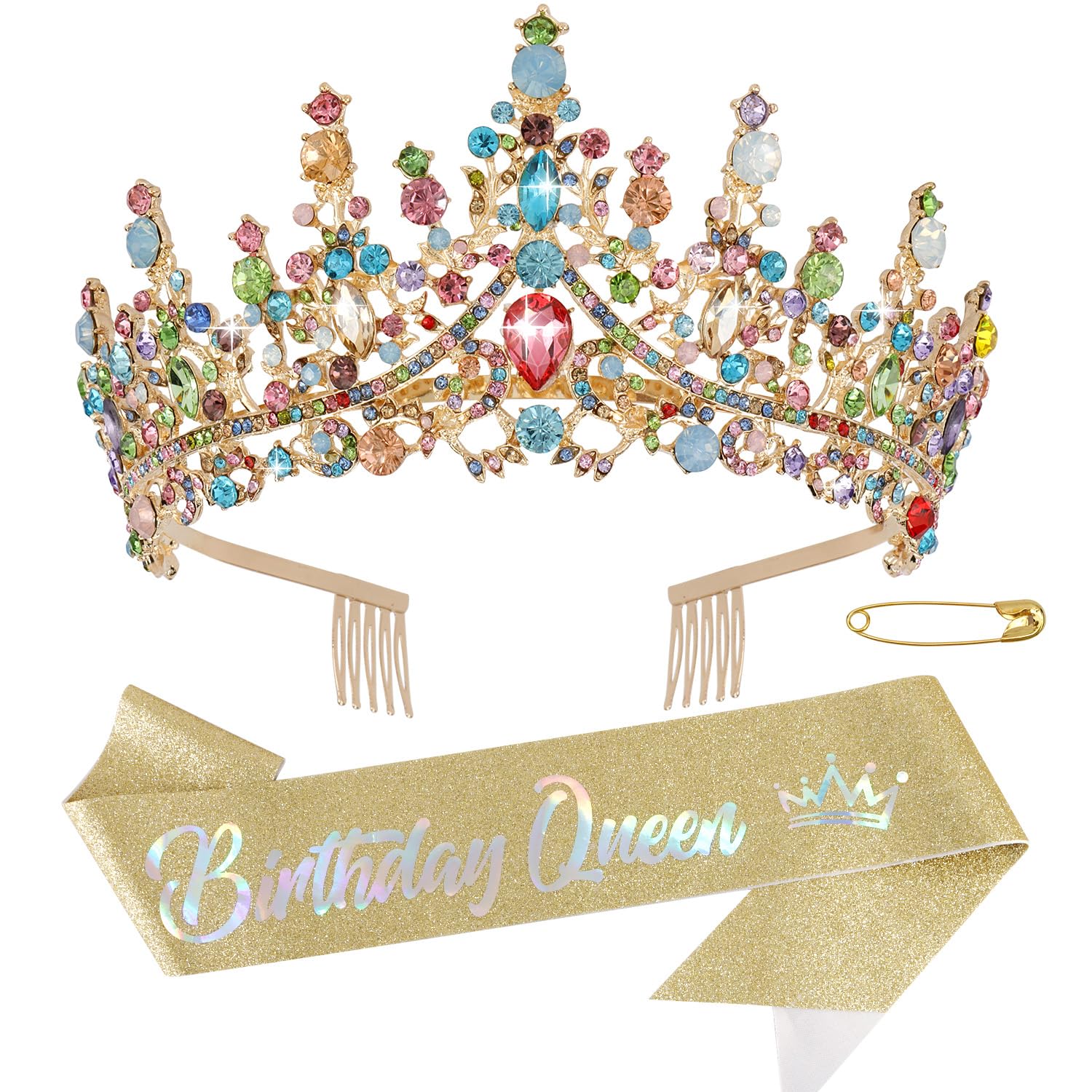 Chanaco Birthday Tiara Birthday Sash for Women Birthday Queen Sash Birthday Crowns for Women Gold Tiaras Happy Birthday Decorations Princess Rhinestone Headband Birthday Party Suppliers Gifts