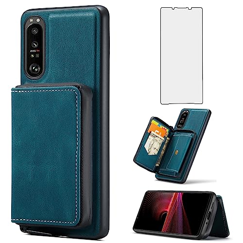 Asuwish Phone Case for Sony Xperia 1 III 3 / Experia1iii 5G Wallet Cover with Tempered Glass Screen Protector and Credit Card Holder Zipper Stand Leather Cell Experia 1III 5G XQ-BC72 Women Men Blue