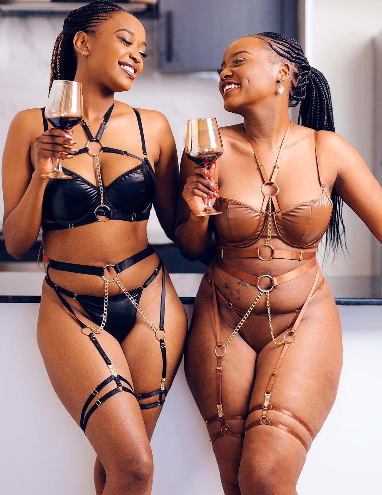 Avidlove Leather Lingerie for Women Lingerie Set Sexy Underwire Push Up Lingerie with Garter and Chain,Coffee Brown,S