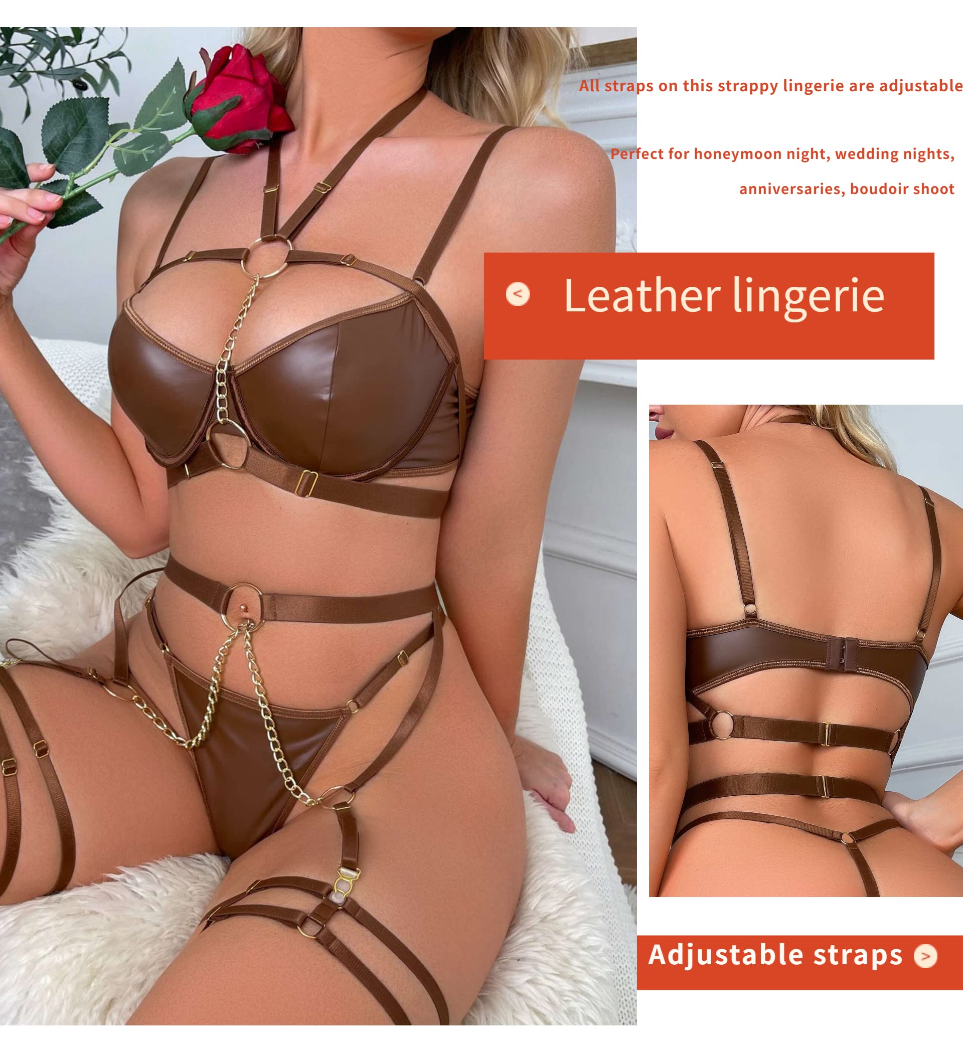 Avidlove Leather Lingerie for Women Lingerie Set Sexy Underwire Push Up Lingerie with Garter and Chain,Coffee Brown,S