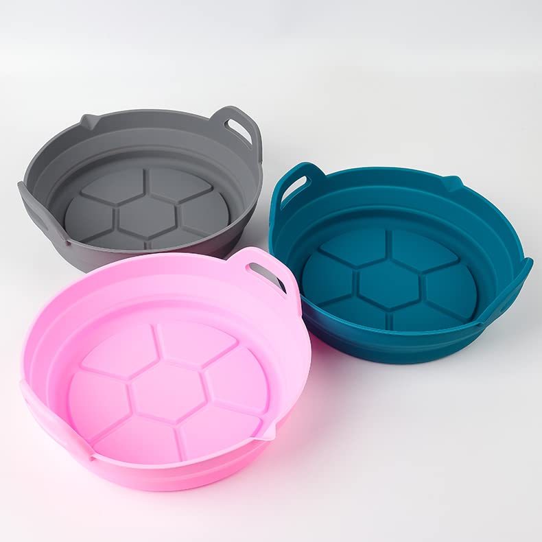 Qiaoer 3 Pack Air Fryer Silicone Liners,8.3 Inch Round Air Fryer Silicone Basket,Heat Resistant Easy Clean Air Fryer Oven Accessories,Foldable Reusable Silicone Bowl(Z03-Pink Green Grey)