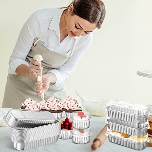 Eaasty 100 Pcs Mini Loaf Pans with Lids and Cupcake Liners with Lids for Valentine's Day Party Aluminum Foil Baking Pans Disposable Tin Loaf Pans Round Foil Cupcake Cups Foil Baking Cups(Silver)