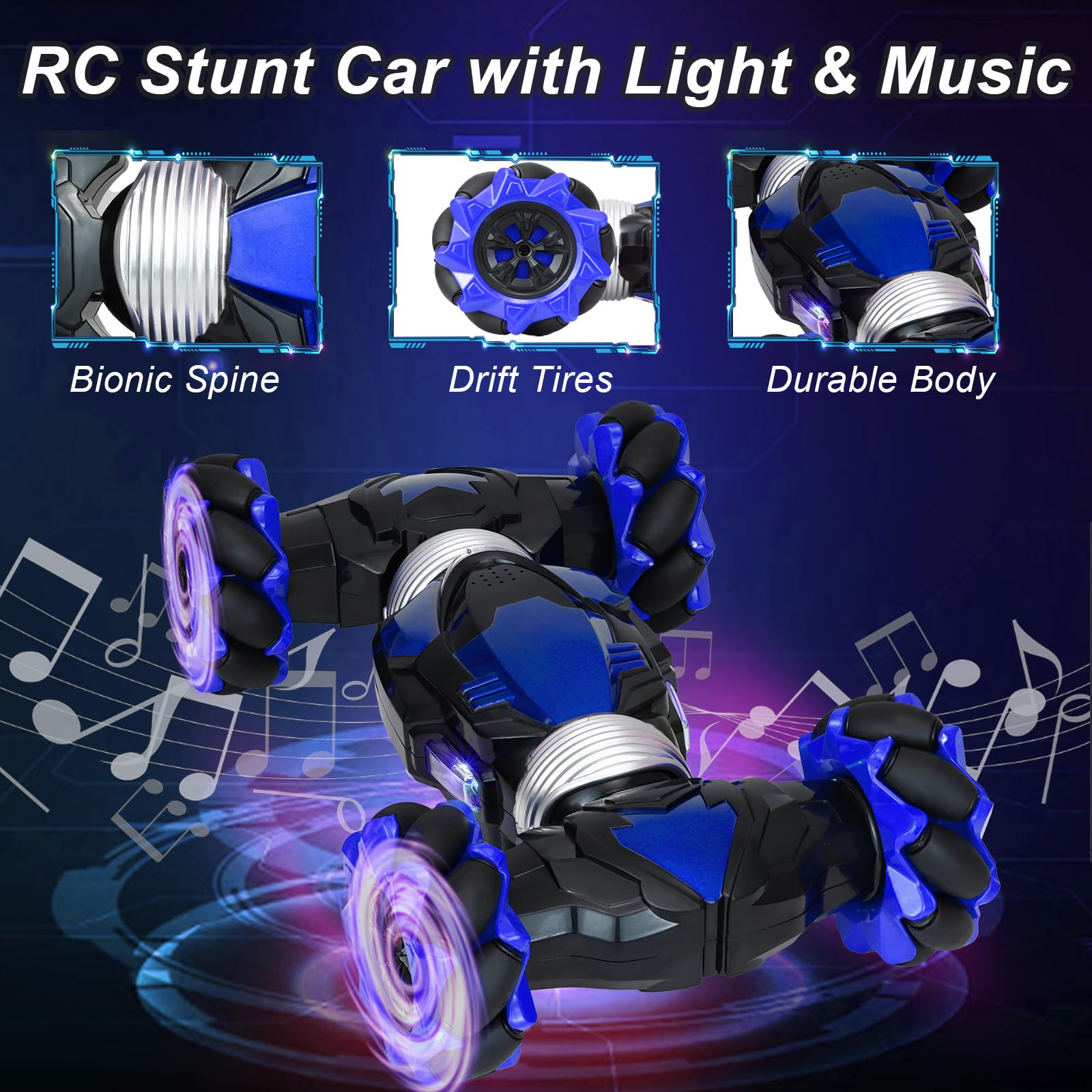 kisportee Gesture Sensing RC Stunt Car with Light & Music, Boys Toys Age 6-8-12, 4WD Hand Controlled Remote Control Car, Drift Twist Car, Birthday Gift for Boy Kid Age 6 7 8 9 10 11 12 Year Old (Blue)