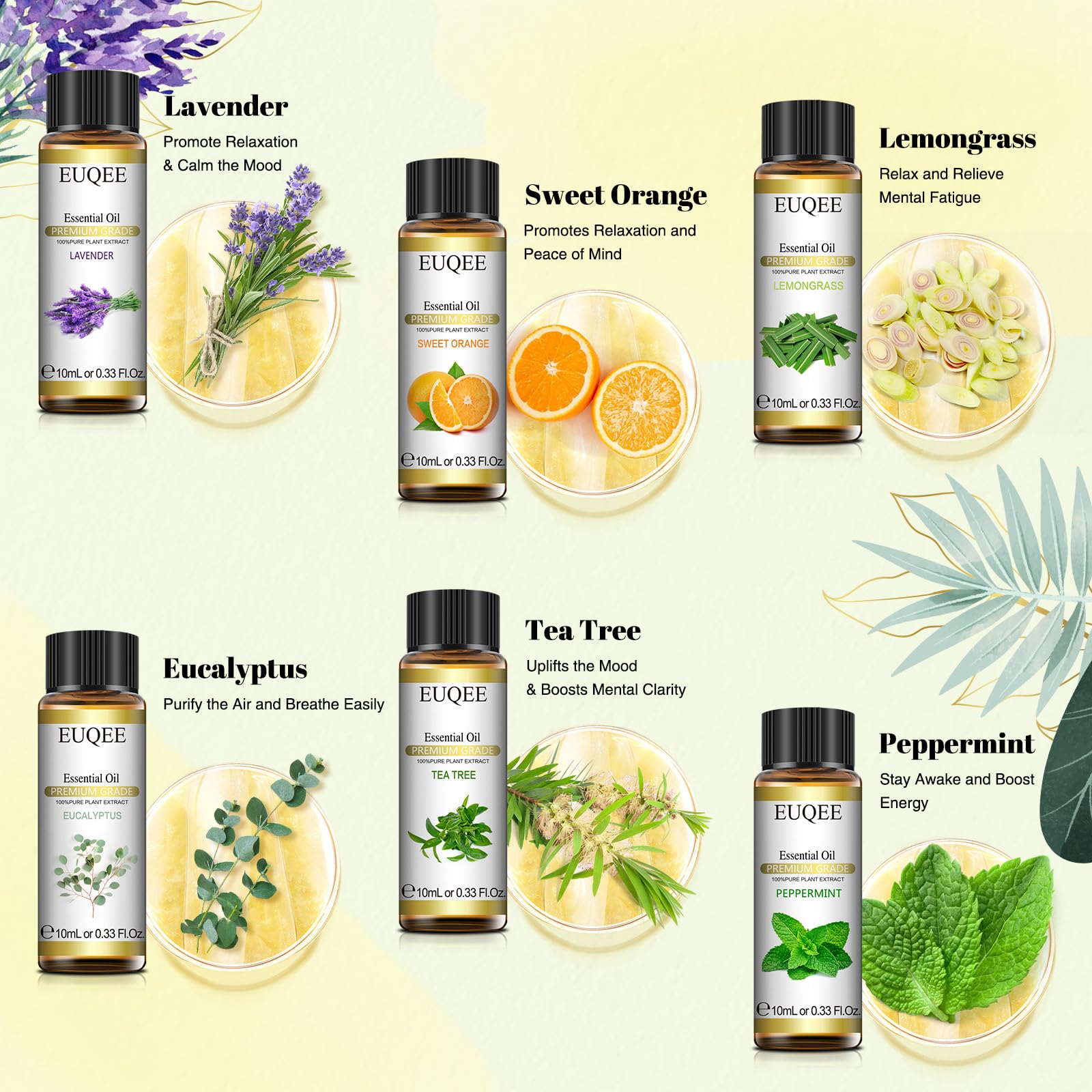 EUQEE Classic Essential Oil Set of 6 Pure Essential Oil Gift Set for Diffusers, Soap Candle Making - Lavender, Eucalyptus, Peppermint, Tea Tree, Sweet Orange, Lemongrass Aromatherapy Oils -10ml