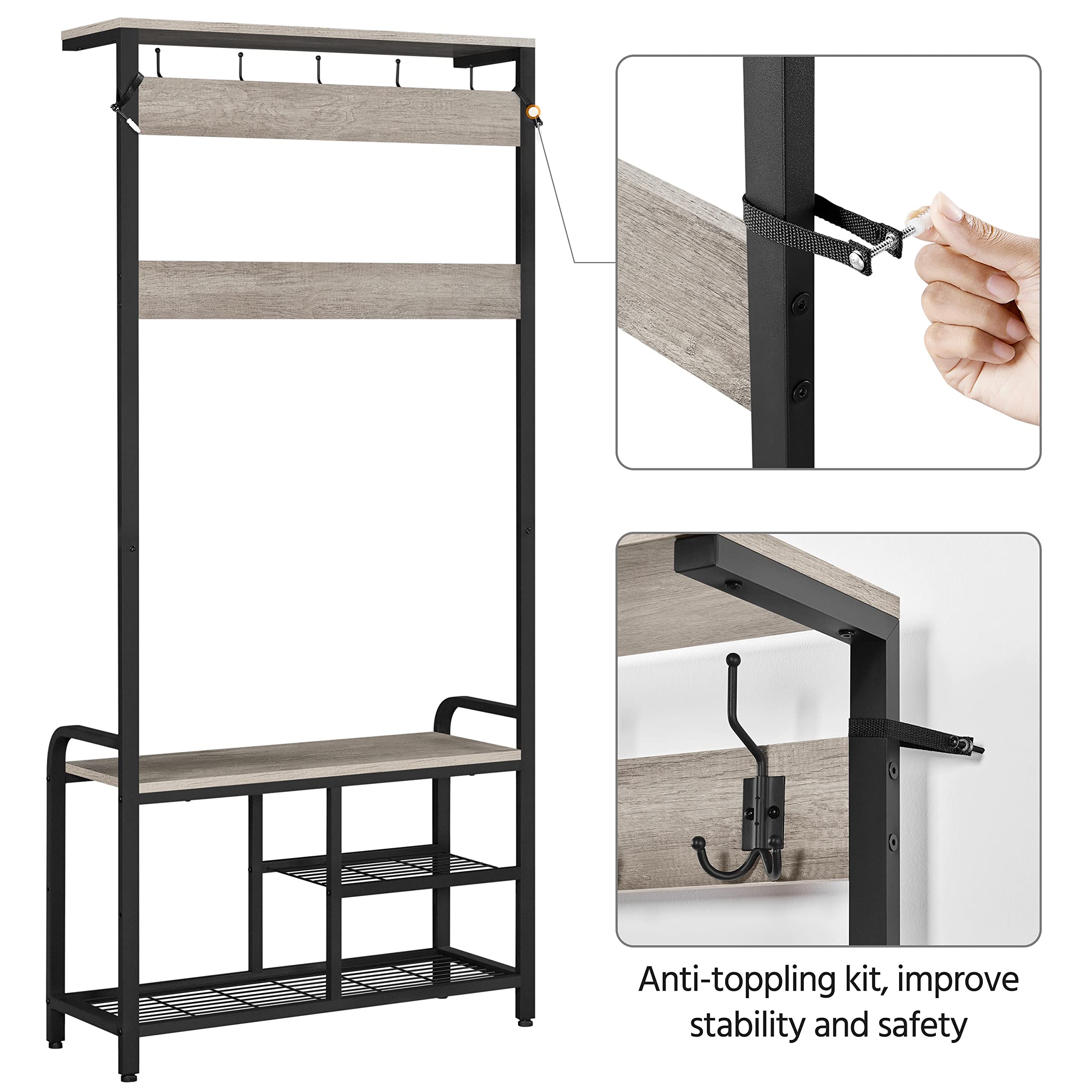 Topeakmart Hall Tree with Bench and Shoe Storage, Coat Rack with Top Shelf, 23 Hooks, 4-in-1 Design, Entryway Storage Organizer for Hallway Bedroom Apartment, Metal Frame, Gray