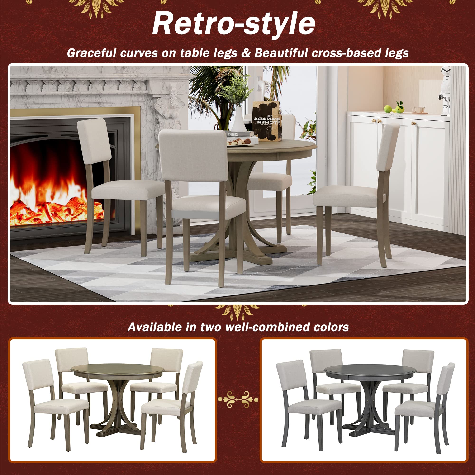 P PURLOVE 5 Piece Round Dining Table Set for 4, Retro Round Table and Chairs Set of 4 with Upholstered Chairs for Dining Room, Kitchen Room