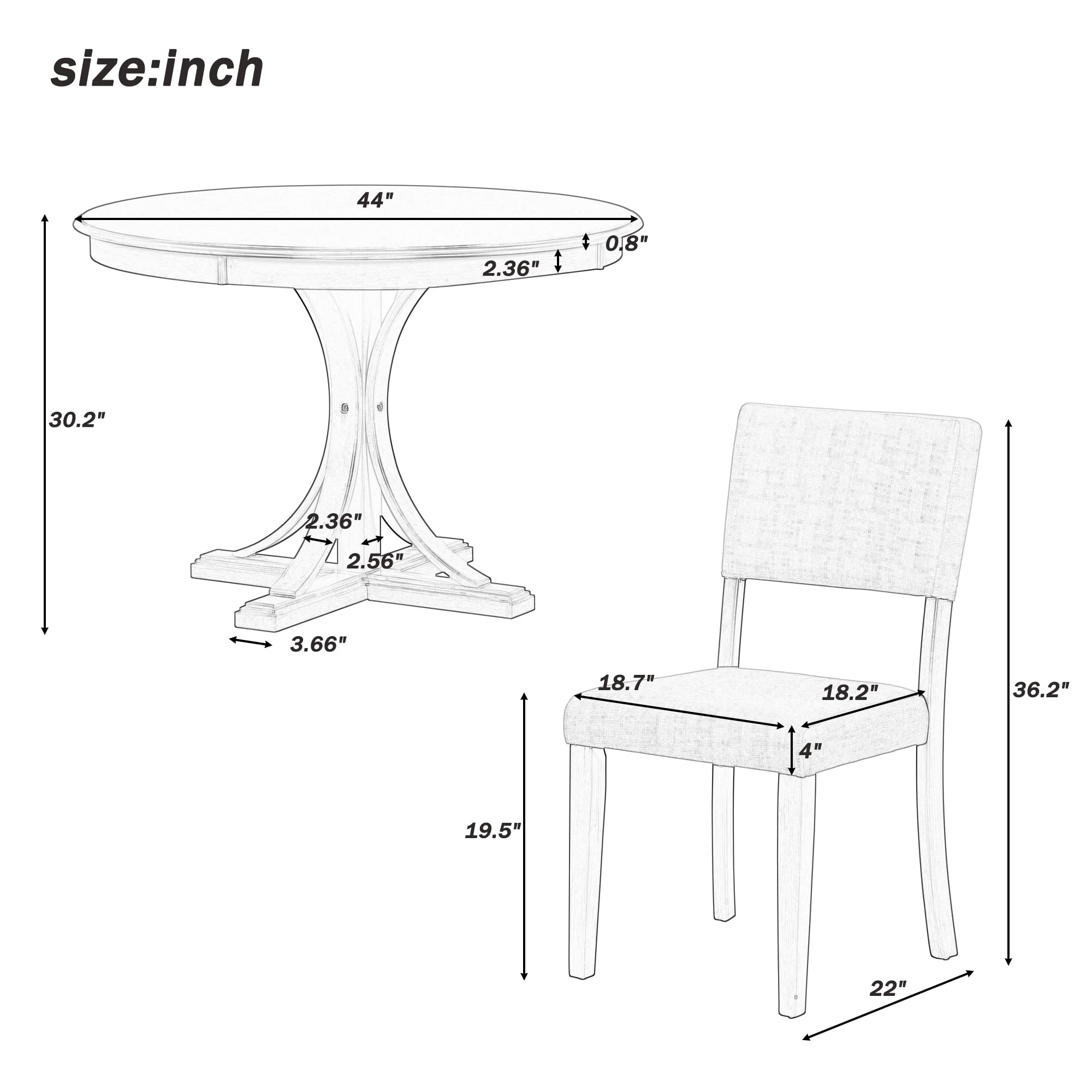 P PURLOVE 5 Piece Round Dining Table Set for 4, Retro Round Table and Chairs Set of 4 with Upholstered Chairs for Dining Room, Kitchen Room