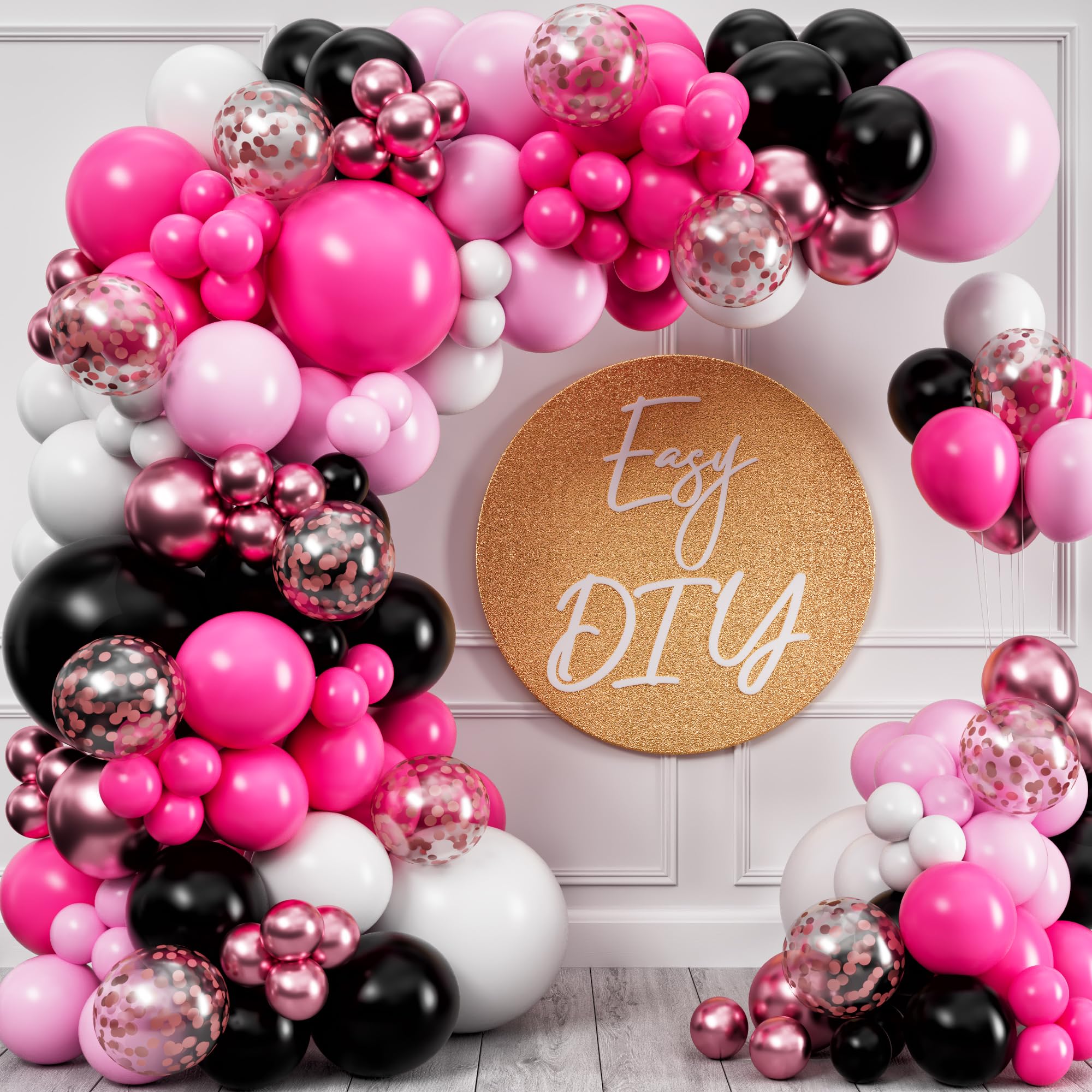 ALL-IN-1 Pink Black and White Balloons Garland & Arch Kit – Small and Large White, Black and Pink balloons – Hot Pink and Black Party Decorations for Birthday, Boss Baby, Mean Girls, Barbie, Minnie