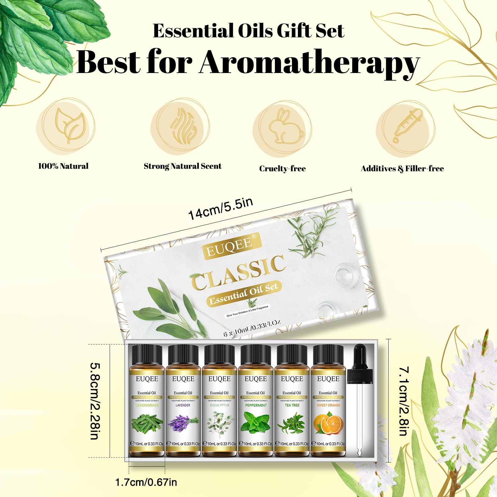 EUQEE Classic Essential Oil Set of 6 Pure Essential Oil Gift Set for Diffusers, Soap Candle Making - Lavender, Eucalyptus, Peppermint, Tea Tree, Sweet Orange, Lemongrass Aromatherapy Oils -10ml