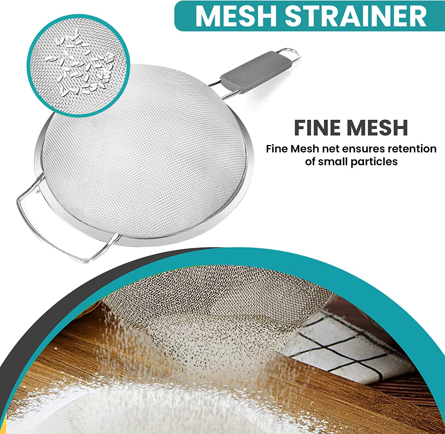 Kafoor 9" Large Extra Fine Mesh Strainer with Thermo Plastic Rubber Handle - Sieve Fine Mesh Stainless Steel - Ideal to Strain Pasta, Quinoa and Rice