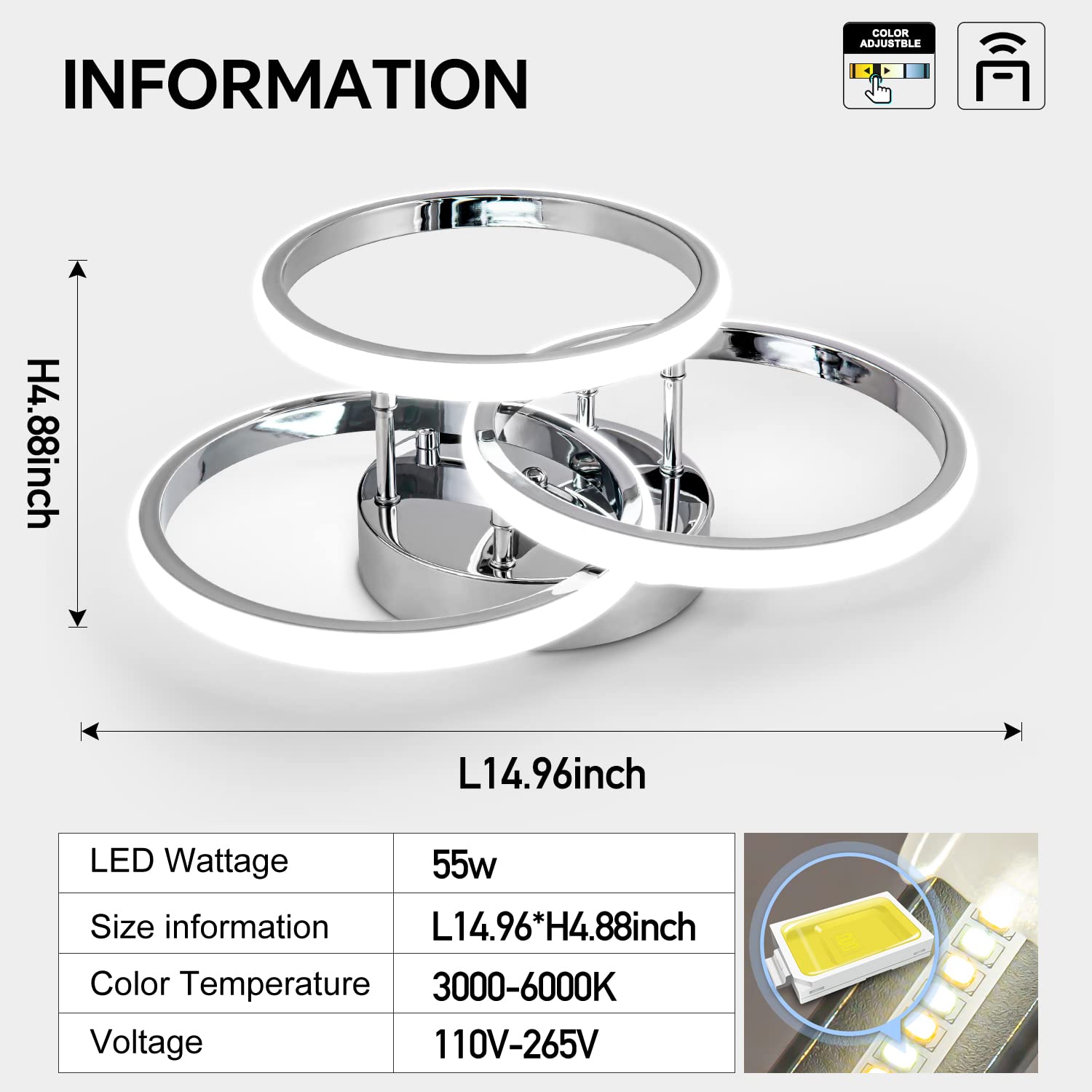 15.74IN Dimmable LED Modern Flush Mount Ceiling Light Fixture with Remote Control, Chrome 3000K-6500K 3-Color Dimming Circle Modern Chandelier, Close to Ceiling Bedroom Kitchen Cloakroom Lamp