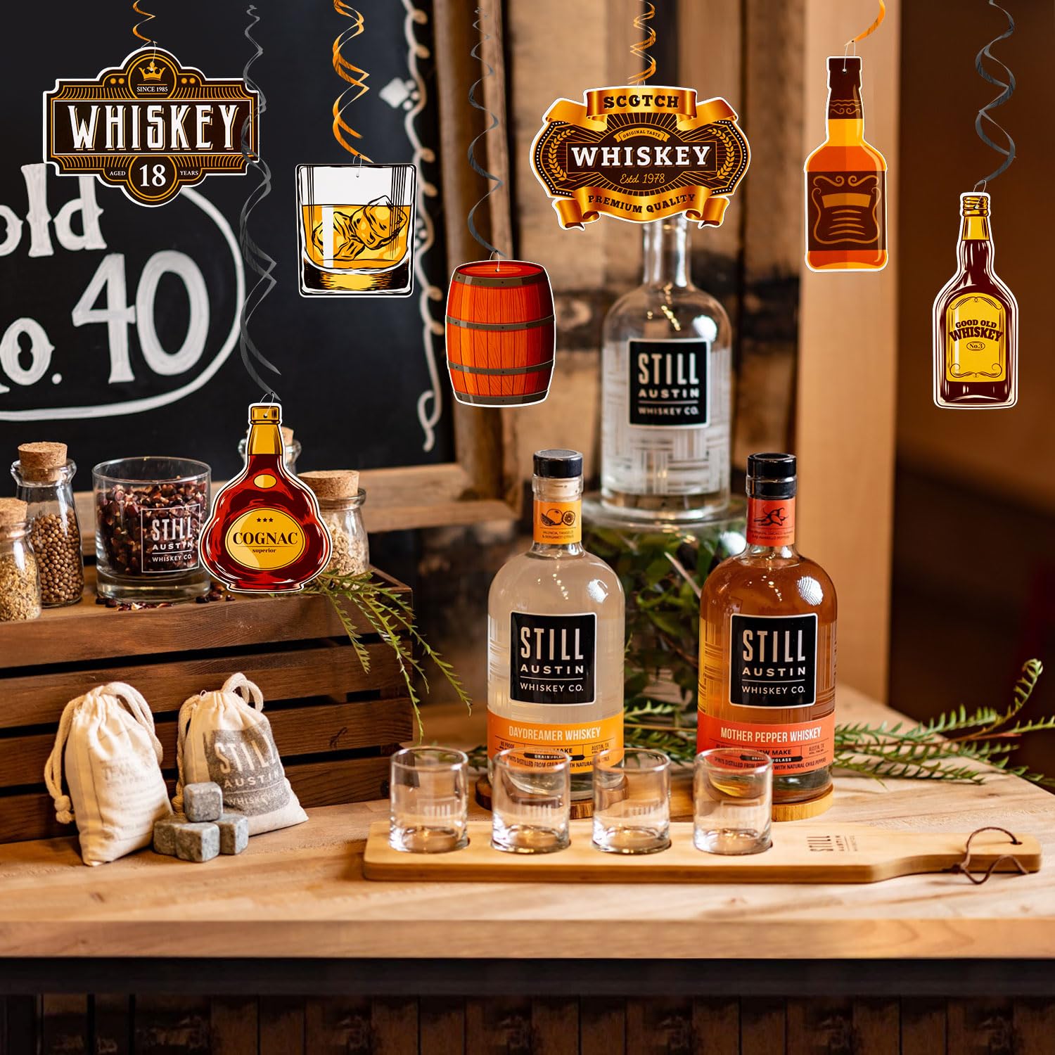 20PCS Whiskey Party Decorations for Men, Whiskey Hanging Swirls for Whiskey Themed Party Decorations (Not Pre-Assembled)