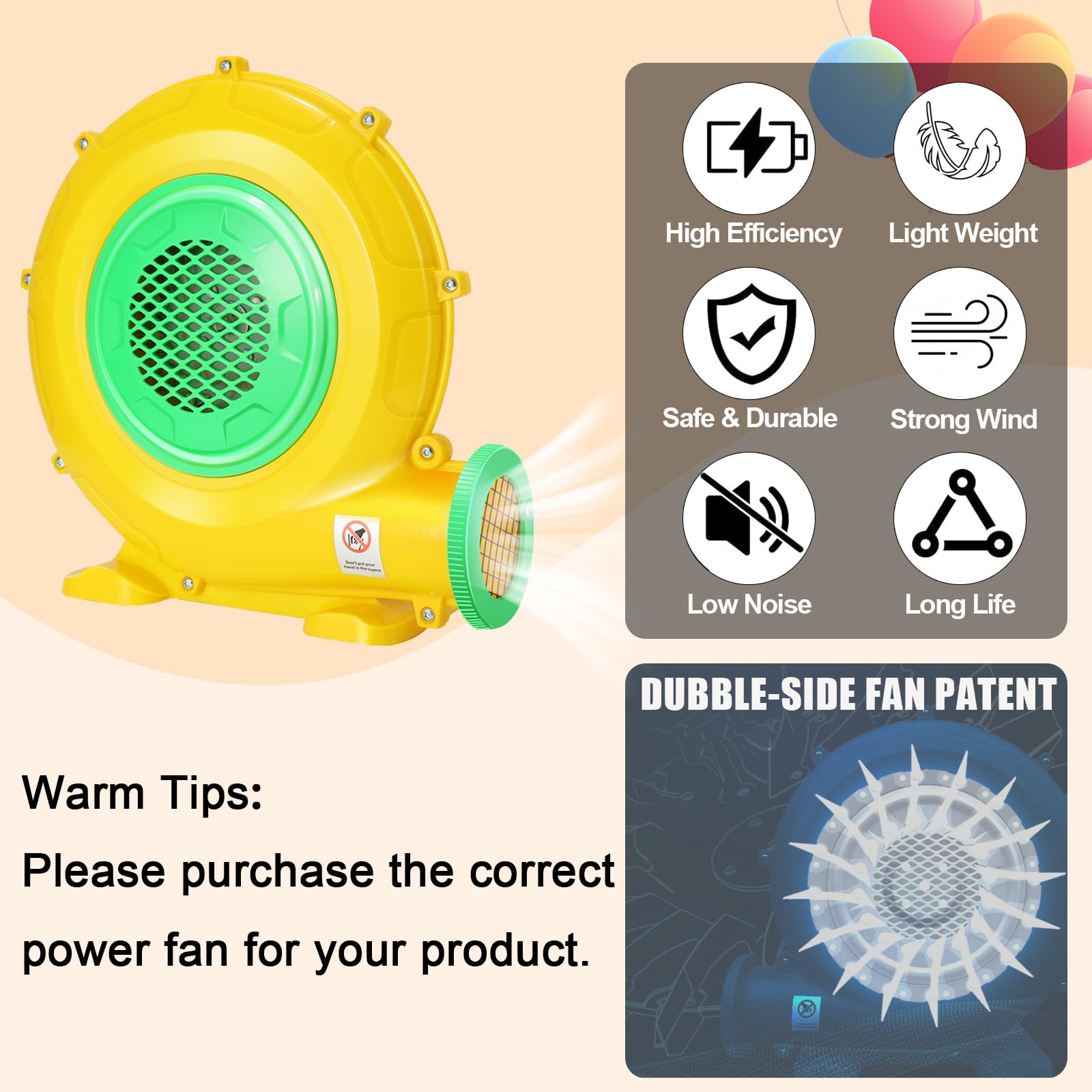 Bounce House Blower, 370W/0.5HP Commercial Air Blower with Double-Sided Fan Blade Design, Strong Wind and Great Heat Dissipation Properties for Bouncy Castle, Jump Slides, Arch, Inflatables