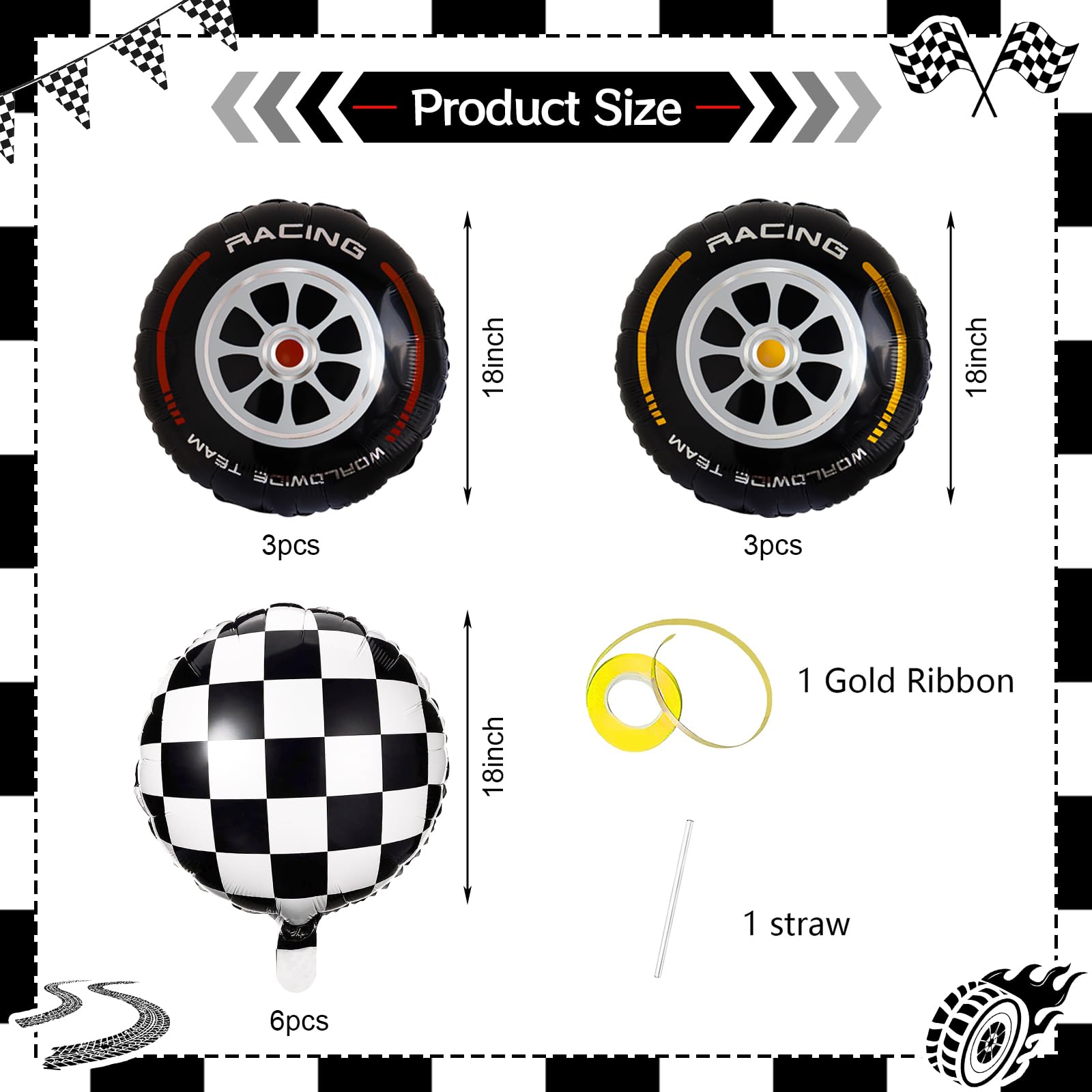 Stcomart 18 Inch Race Car Wheel Balloons, Black and White Checkered Balloons for Birthday Party, Race Car Theme Party, 12 PCS
