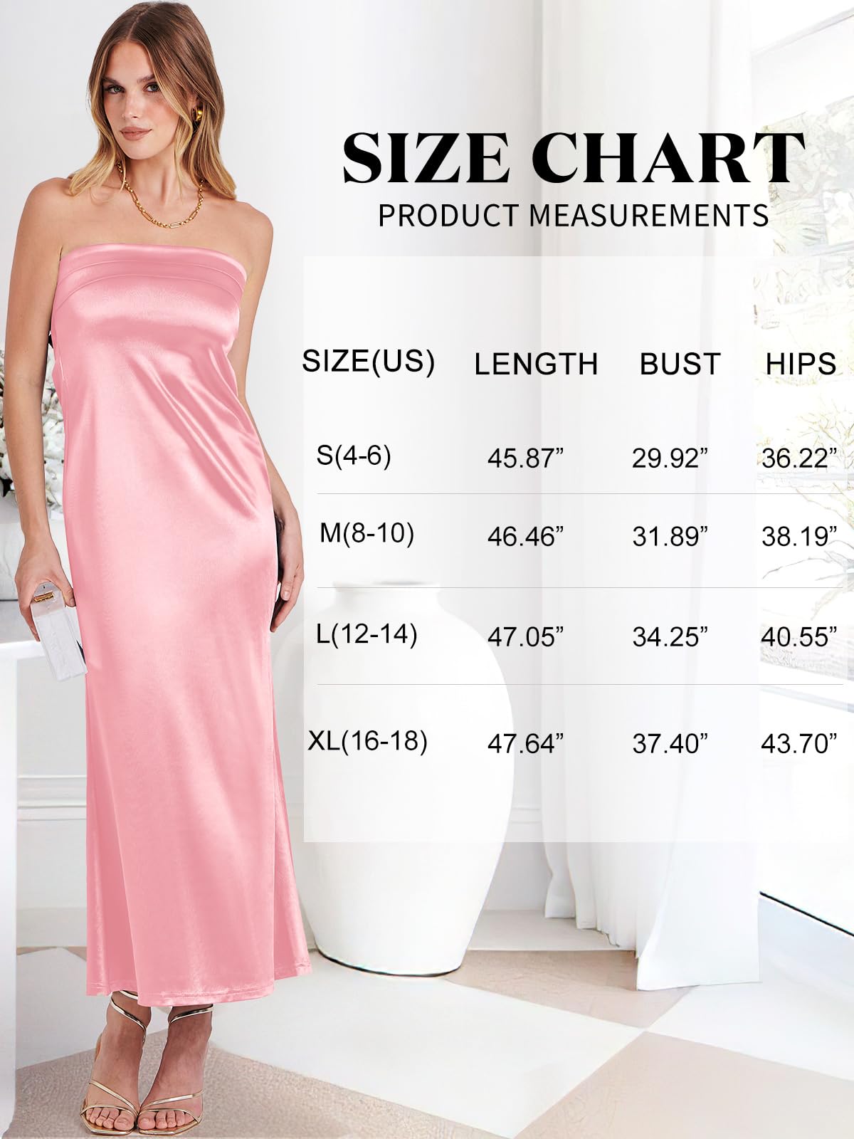ANRABESS Women Summer Wedding Guest Maxi Dress Strapless Satin Tube Bodycon Backless Cocktail Formal Dresses 2025 Spring Pink