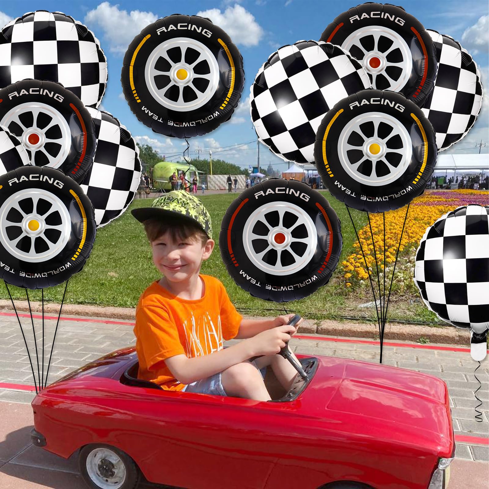 Stcomart 18 Inch Race Car Wheel Balloons, Black and White Checkered Balloons for Birthday Party, Race Car Theme Party, 12 PCS