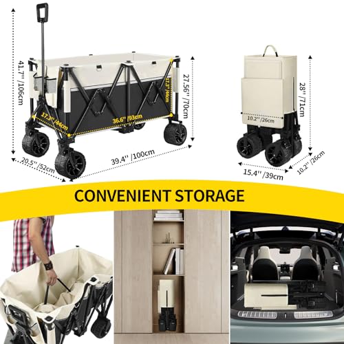 Heavy Duty Utility Collapsible Wagon with All-Terrain 4in×7in Wheels,Load 440 Lbs,Portable 200L Large Capacity Beach Wagon,Adjustable Handle for Garden,Outdoor,Camping,Beach, Shopping (Black & Khaki)