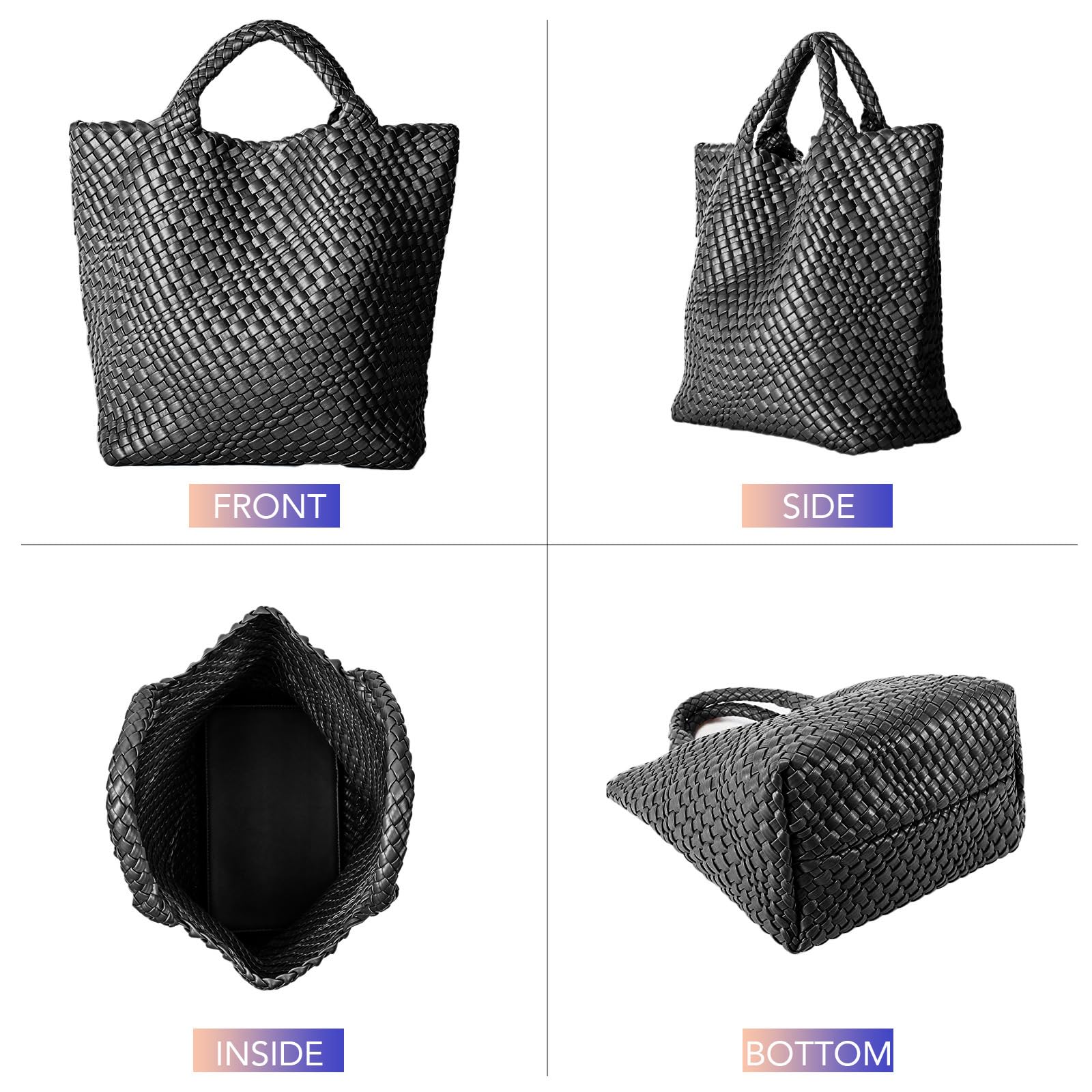 Ann Bully Woven Bag for Women, Vegan Leather Tote Bag Large Summer Beach Travel Handbag and Purse Retro Handmade Shoulder Bag-Black