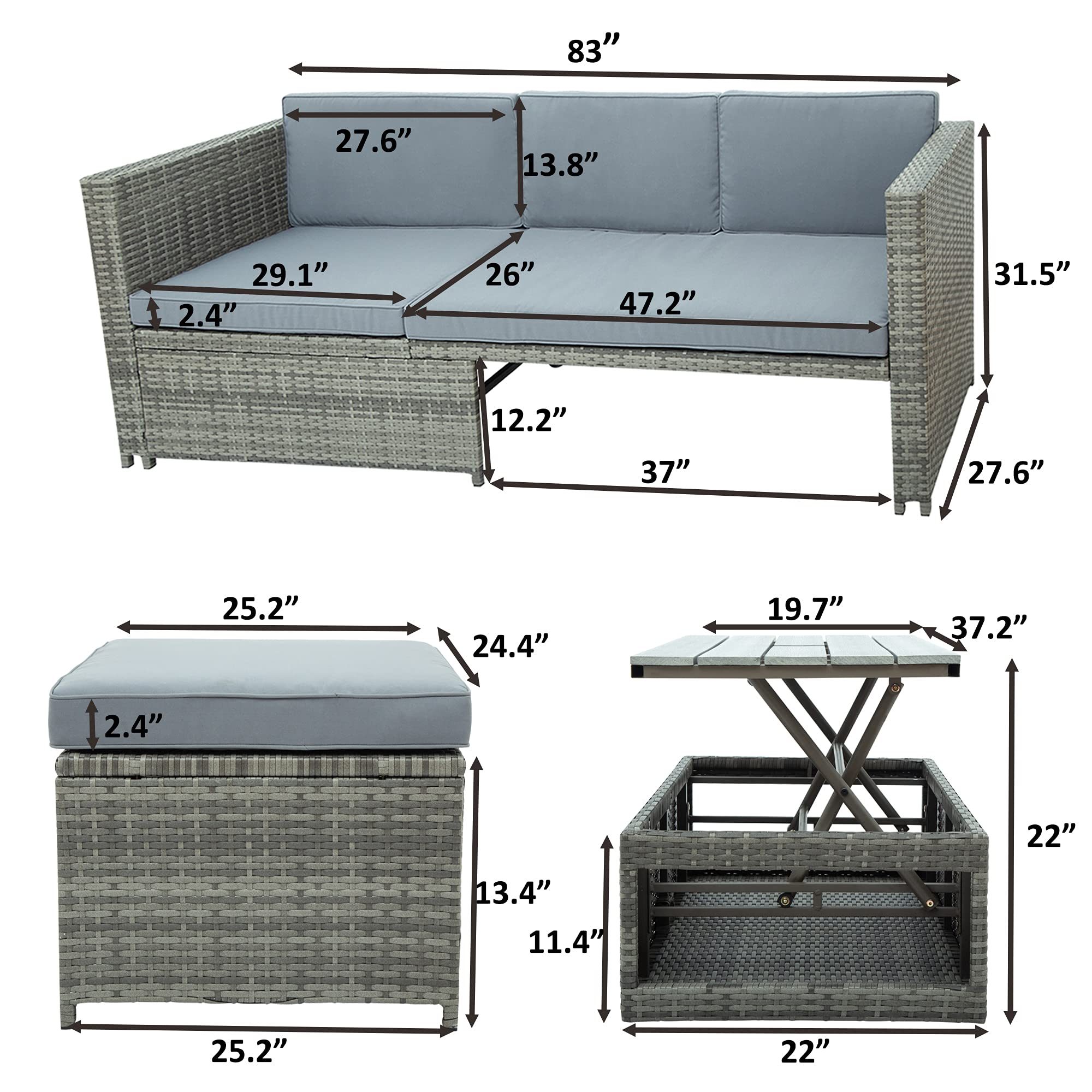 Brabrety 4 Pieces Outdoor Patio Furniture Sets,All-Weather PE Wicker Sectional Sofa Set with Retractable Table,Conversation Set for Backyard, Free Combination