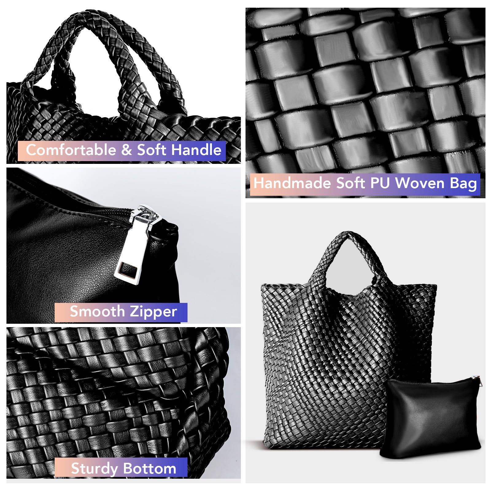 Ann Bully Woven Bag for Women, Vegan Leather Tote Bag Large Summer Beach Travel Handbag and Purse Retro Handmade Shoulder Bag-Black