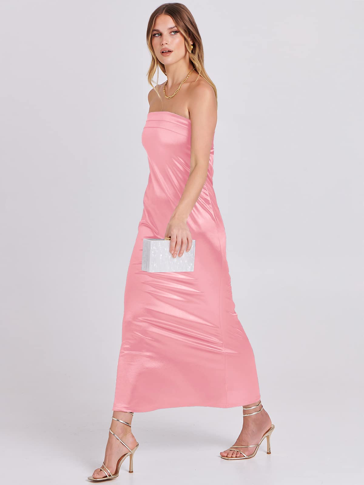 ANRABESS Women Summer Wedding Guest Maxi Dress Strapless Satin Tube Bodycon Backless Cocktail Formal Dresses 2025 Spring Pink