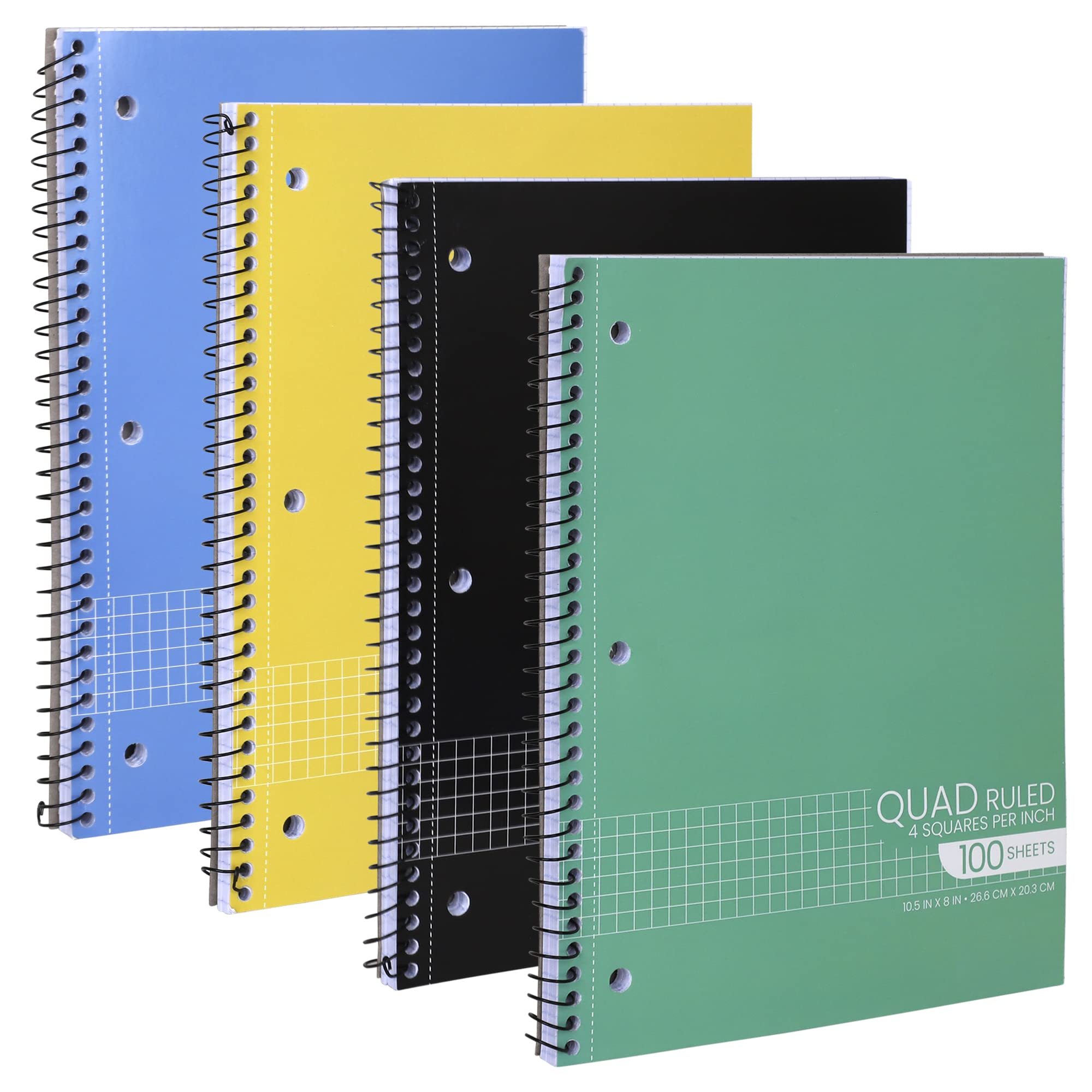 Graph Paper Spiral Notebook - Graph Paper Notebook Spiral, Quad Ruled Grid Notebooks, Perforated Pages - 10.5 X 8 Inches - 1 Subject Wirebound Notebook - Assorted Colors - 100 Sheets per Book - (4
