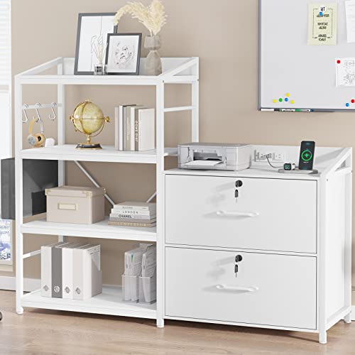 SEDETA 47” File Cabinet with Power Strip, Filing Cabinet fits Legal, Letter, A4 Size, 2 Drawer File Cabinet for Home Office with Open Shelf, Lock and 3 Hooks