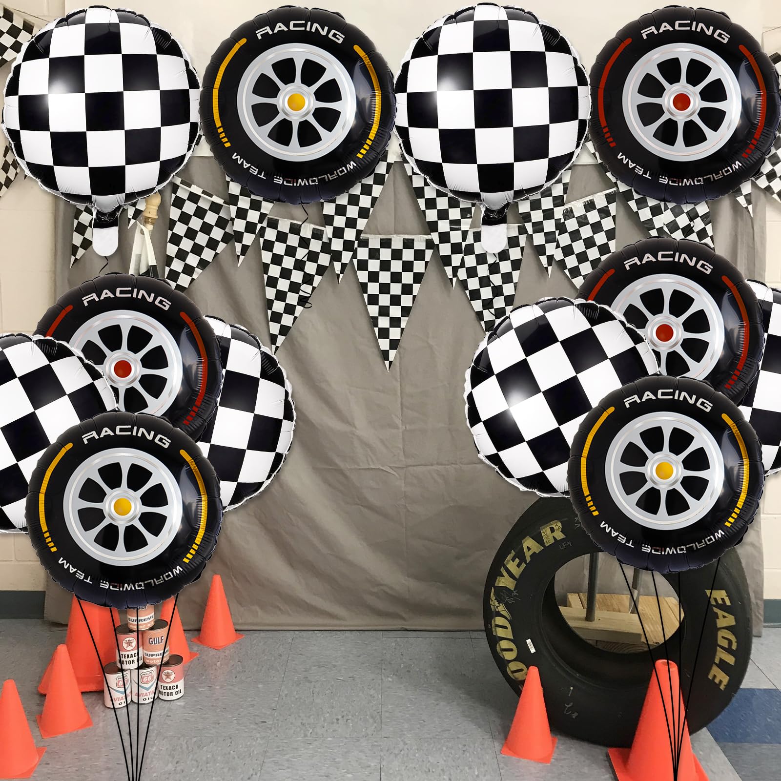 Stcomart 18 Inch Race Car Wheel Balloons, Black and White Checkered Balloons for Birthday Party, Race Car Theme Party, 12 PCS
