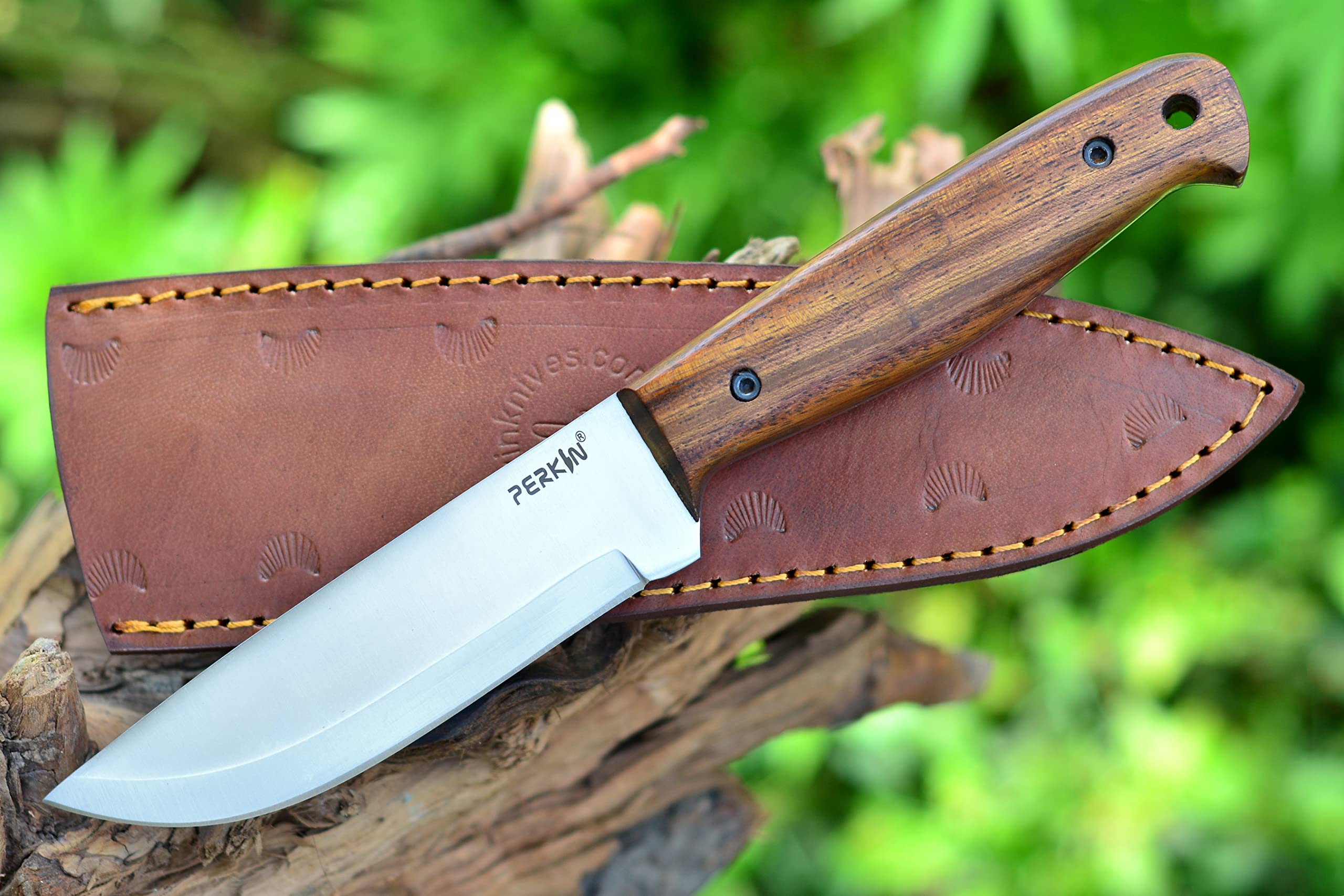 Perkin Fixed Blade Hunting Knife Full Tang with Leather Sheath, Solid & Sharp Blade Outdoor Survival Hunting Knife, Comfortable N Wood Handle Bushcraft Knife Camping Knife for Men and Women BUSH9.5