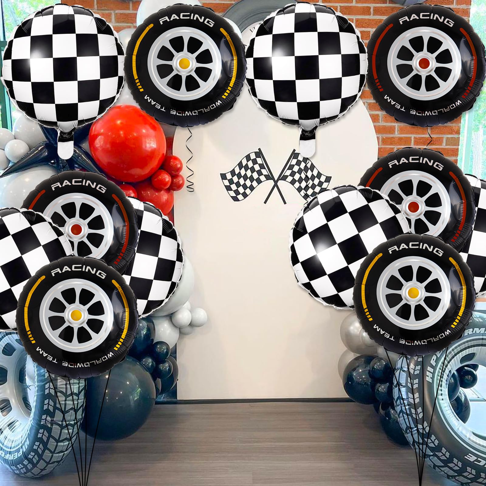 Stcomart 18 Inch Race Car Wheel Balloons, Black and White Checkered Balloons for Birthday Party, Race Car Theme Party, 12 PCS